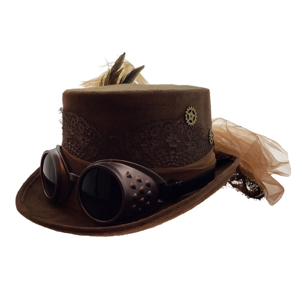 Attitude Studio Steampunk Costume Fedora Hat with Goggles Feather Gears ...