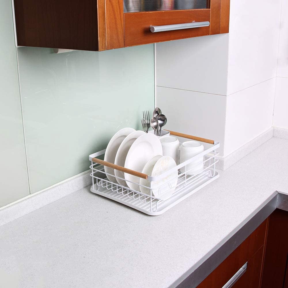 Attom Tech Modern Wood Handle Dish Rack and Drain Board 16.5" x 12" x 5 ...