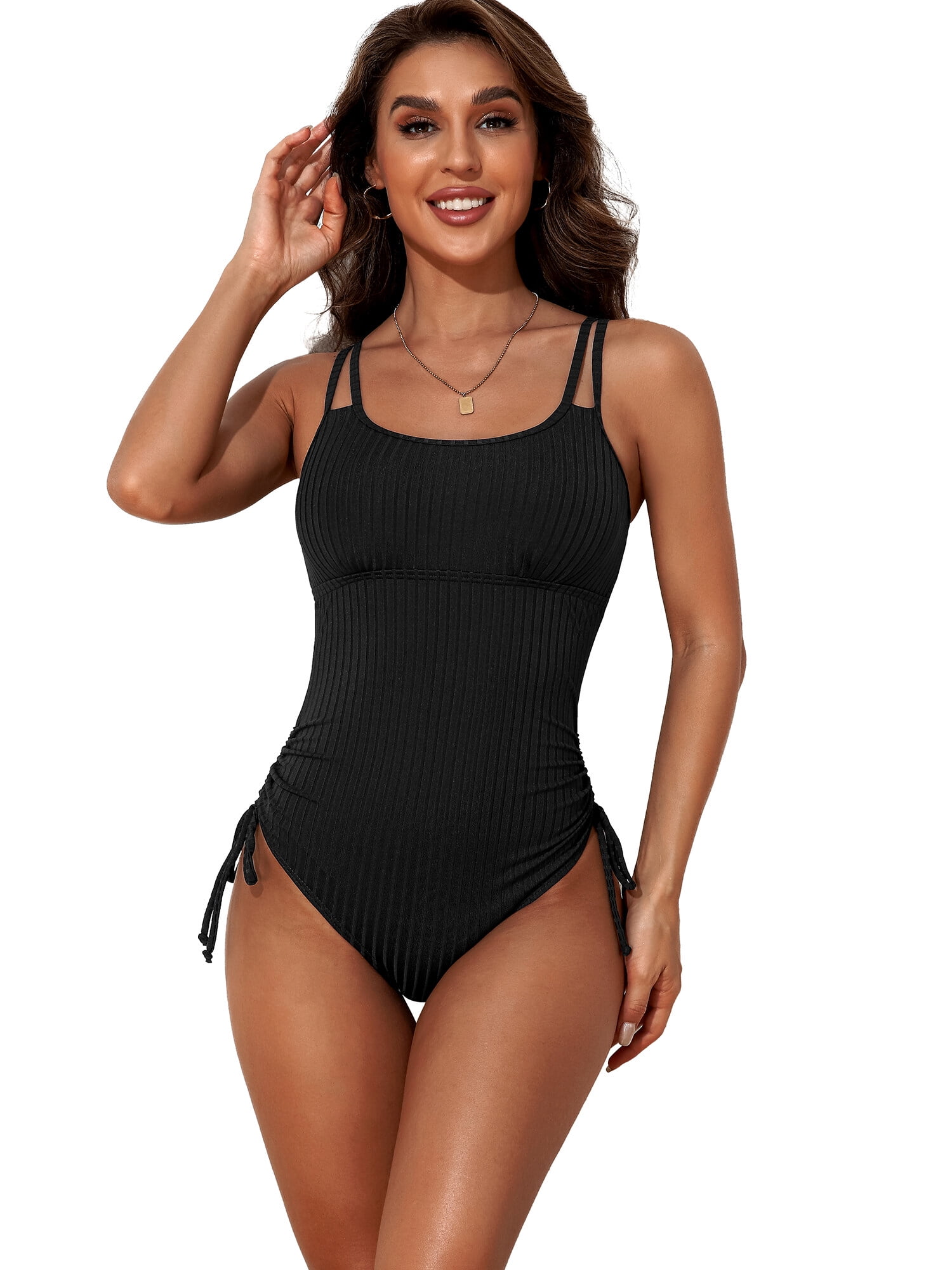 Attraco Ribbed One Piece Swimsuit Women Tie Side 1 Piece Bathing Suit Spaghetti Strap High Cut