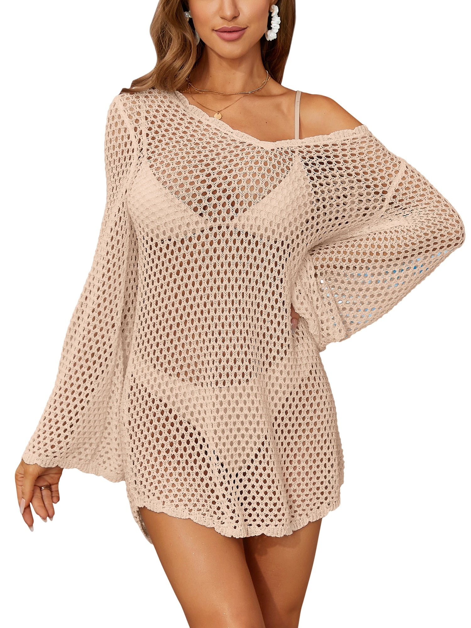 Attraco Women Crochet Hollow Out Swimsuit Cover Up Bell Sleeve Beach