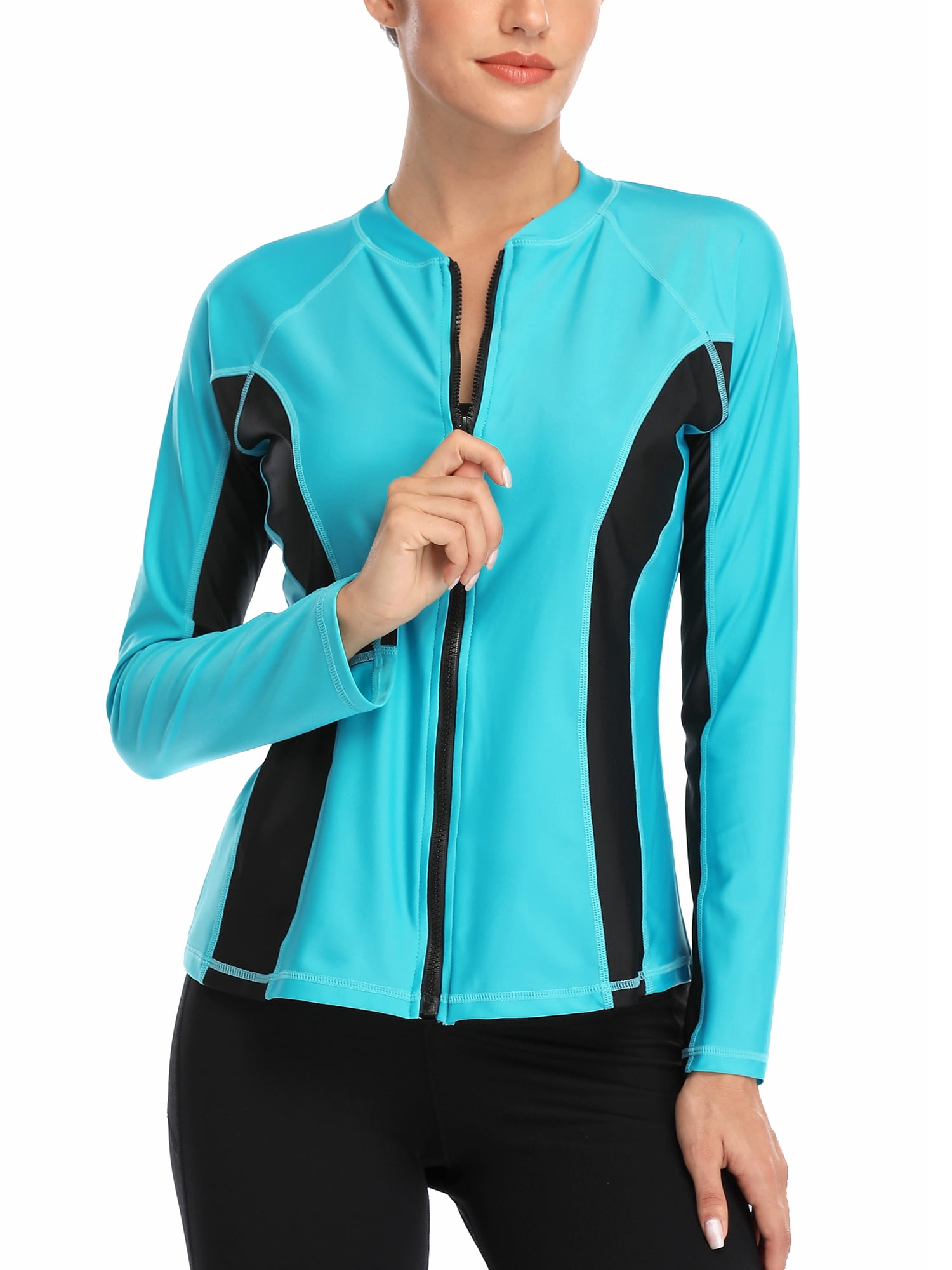 Attraco Women Long Sleeve Zipper Rash Guard Color Block Swimwear UPF 50 ...