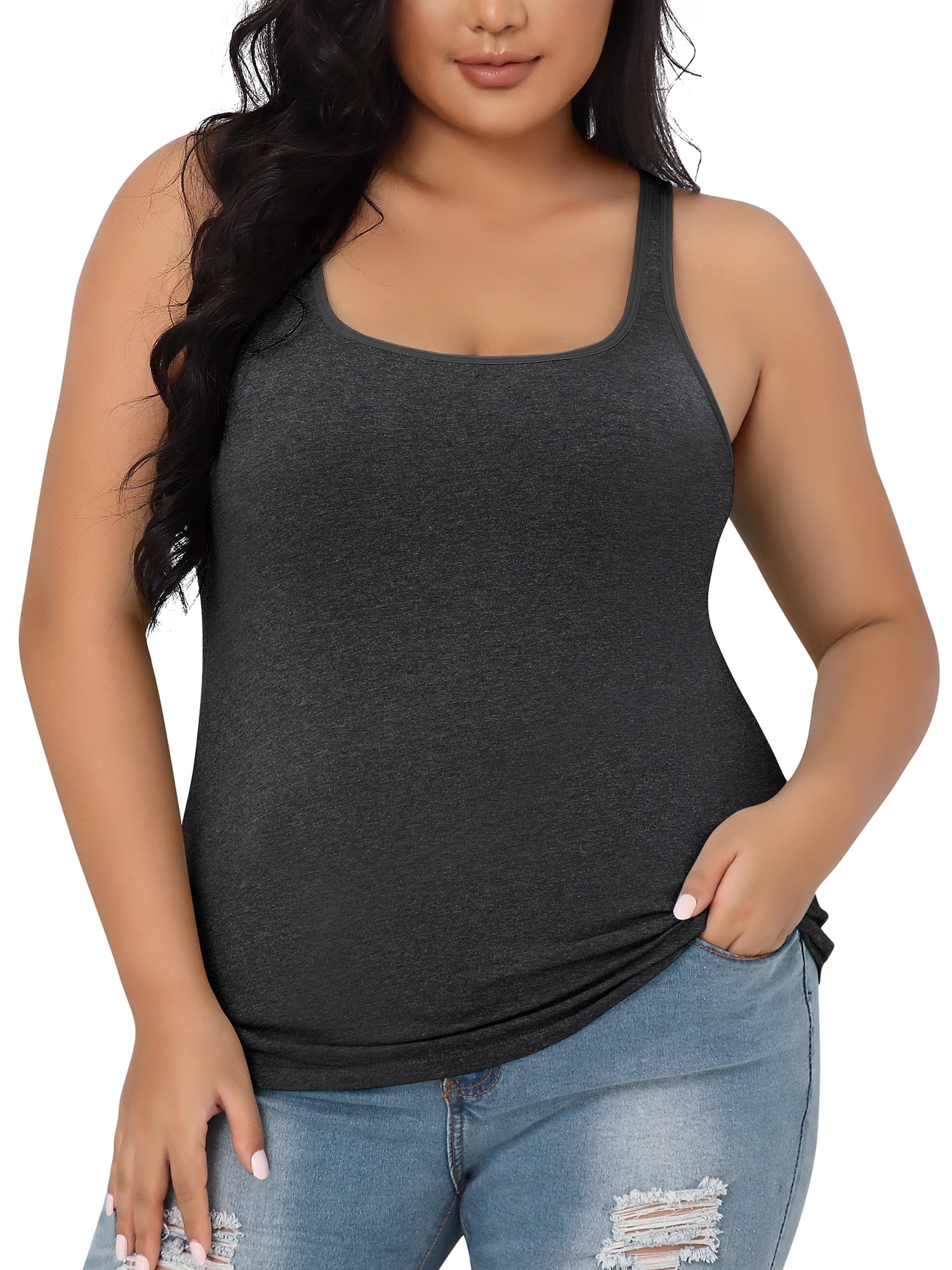 ATTRACO Women Plus Size Cotton Tank Top, Shelf Bra, Adjustable Wide ...