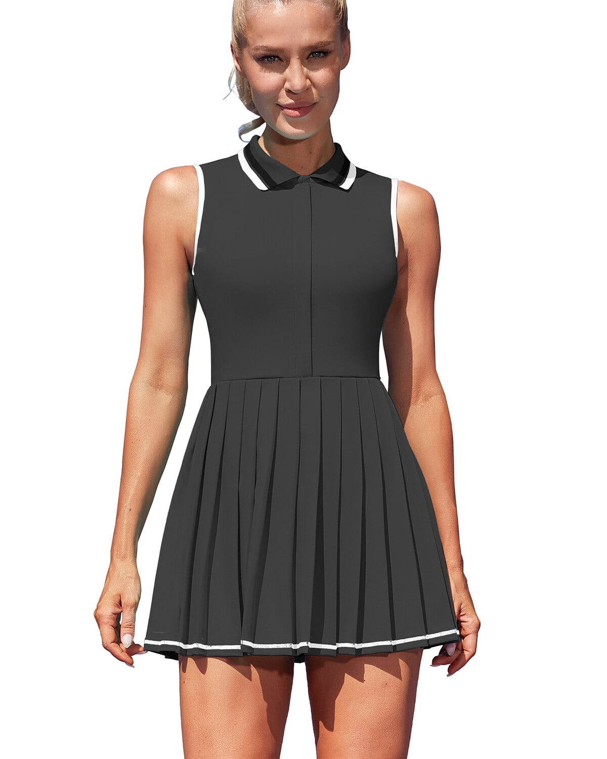 Attraco Women Tennis Dresses Ribbed Polo Tennis Dress Half Zip Pleated ...