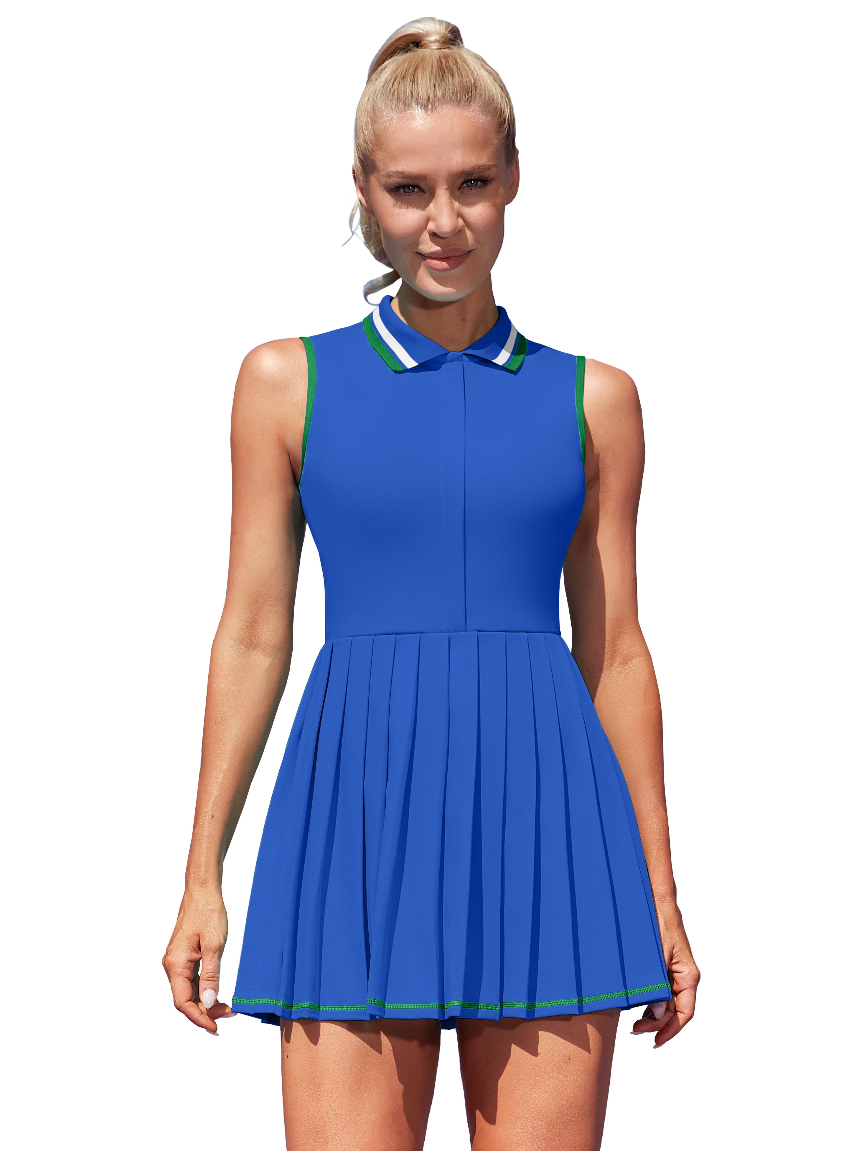 Attraco Women Sports Dresses Ribbed Polo Tennis Dress Half Zip Pleated ...