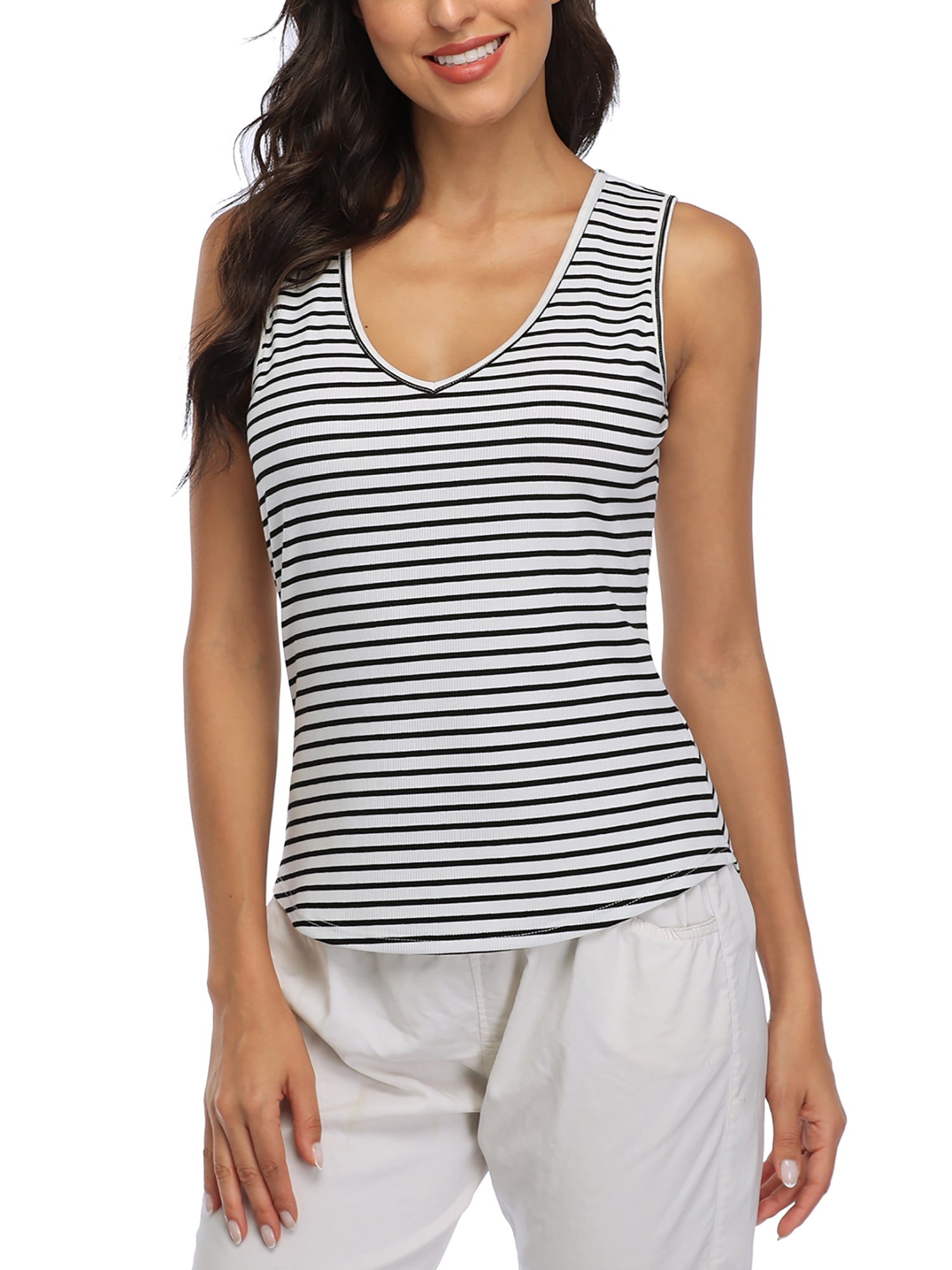 Attraco Women's V Neck Sleeveless Tank Top Casual Layering Tanks Loose ...