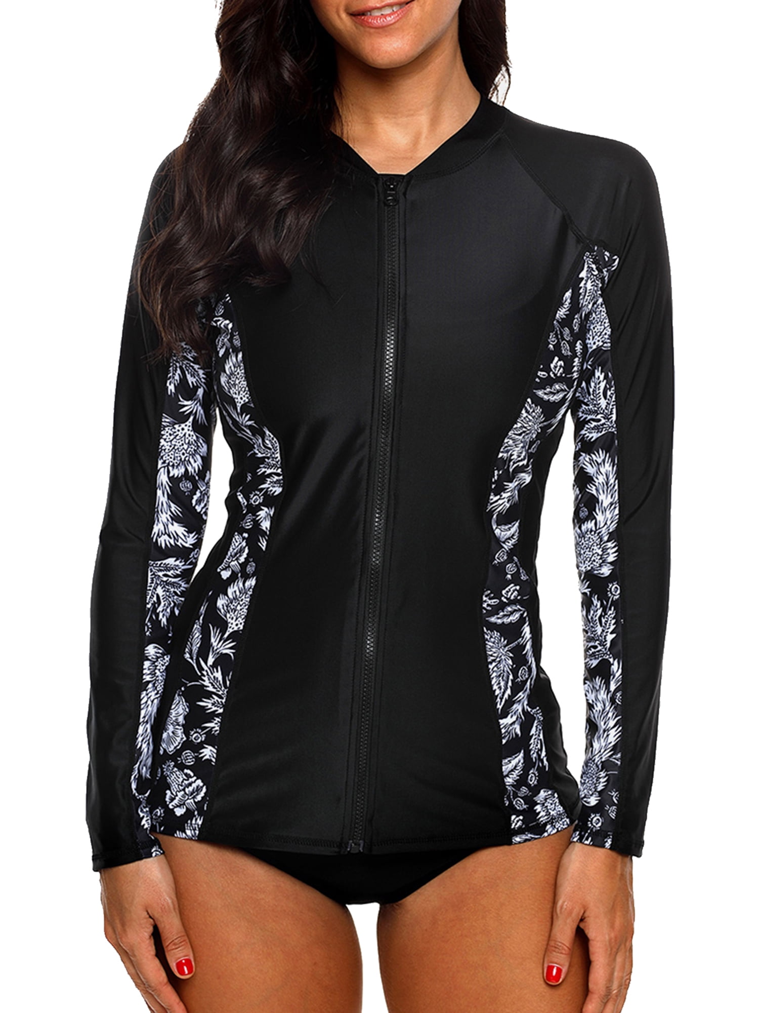Attraco Women's Zip Front Long Sleeve Rash Guard Top Sun Protection ...