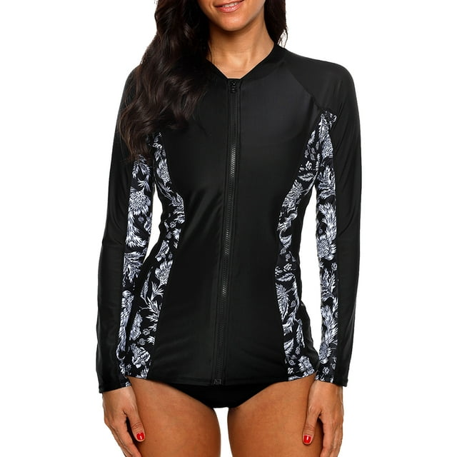 Attraco Women's Zip Front Long Sleeve Rash Guard Top Sun Protection ...