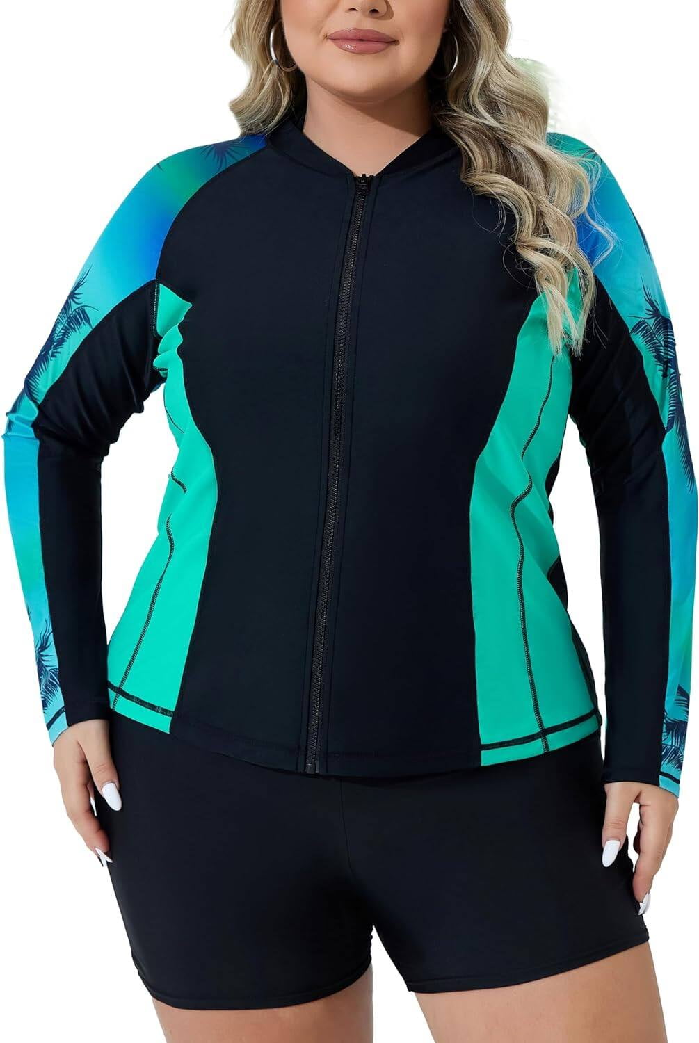 Attraco Womens Plus Size Rush Guard Color Block Long Sleeve Zip Front ...