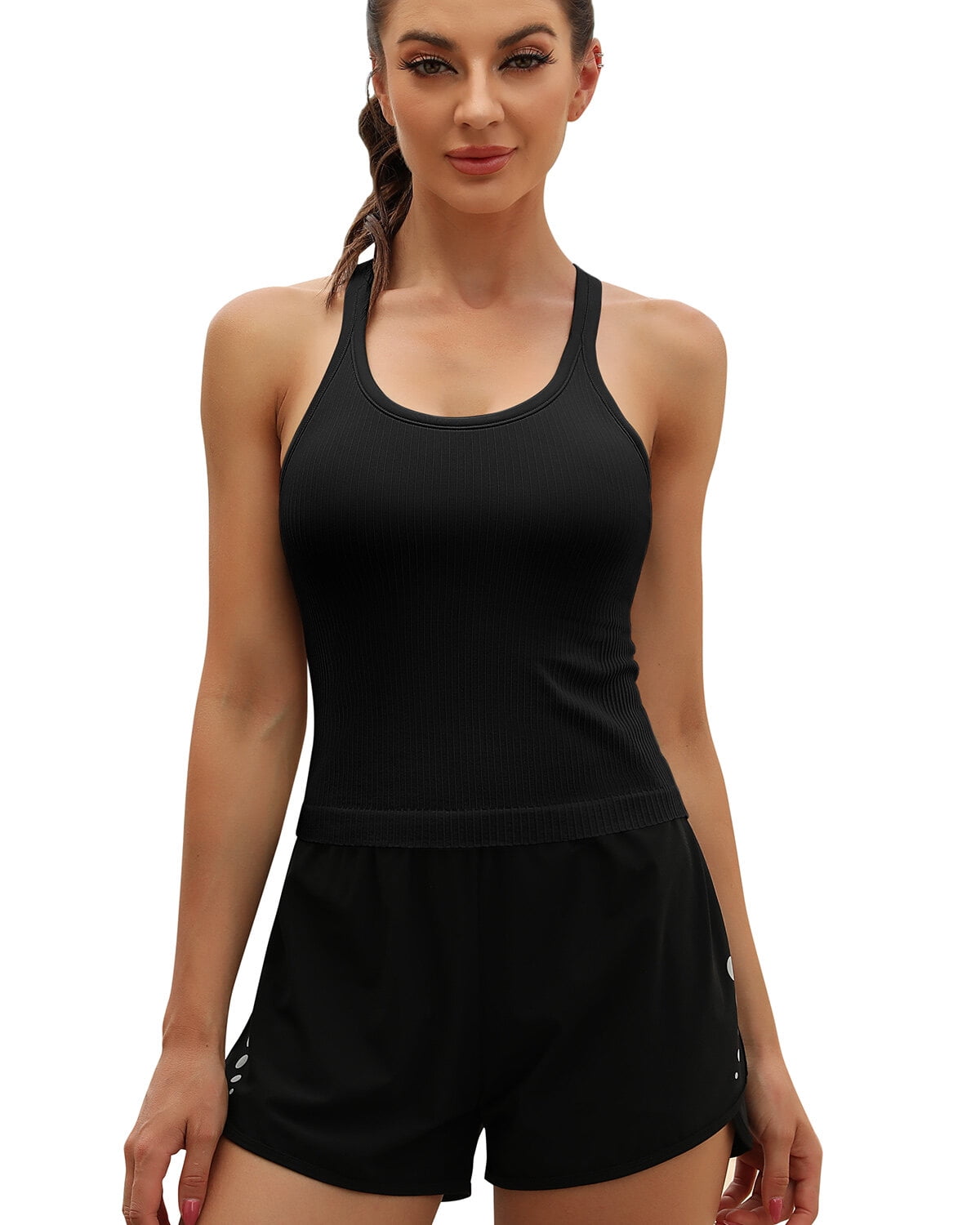 Attraco Womens Sports Tops Solid Ribbed Workout Crop Top with Built-in ...