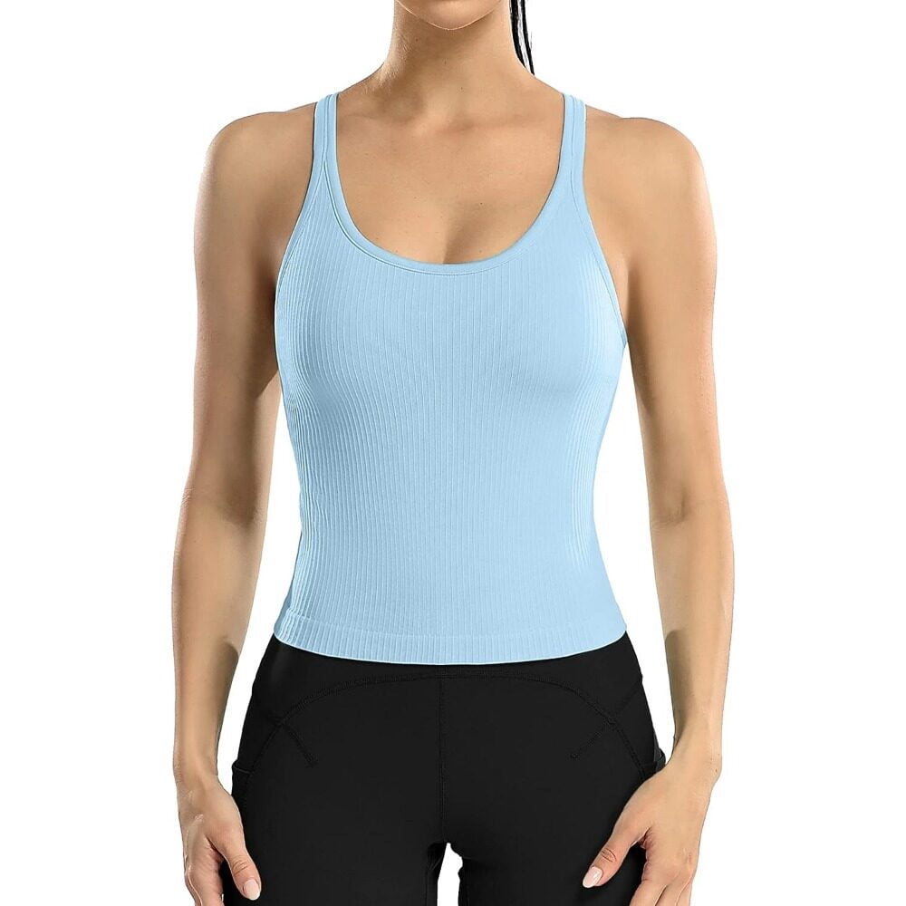 Attraco Womens Sports Tops Solid Ribbed Workout Crop Top with Built-in ...