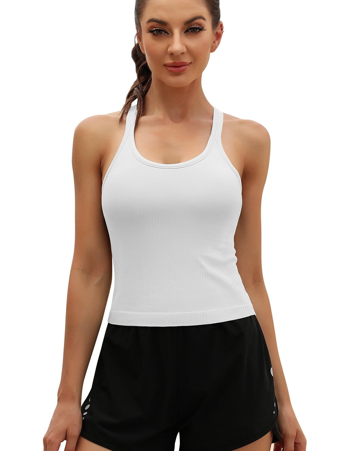 Attraco Womens Sports Tops Solid Ribbed Workout Crop Top with Built-in ...