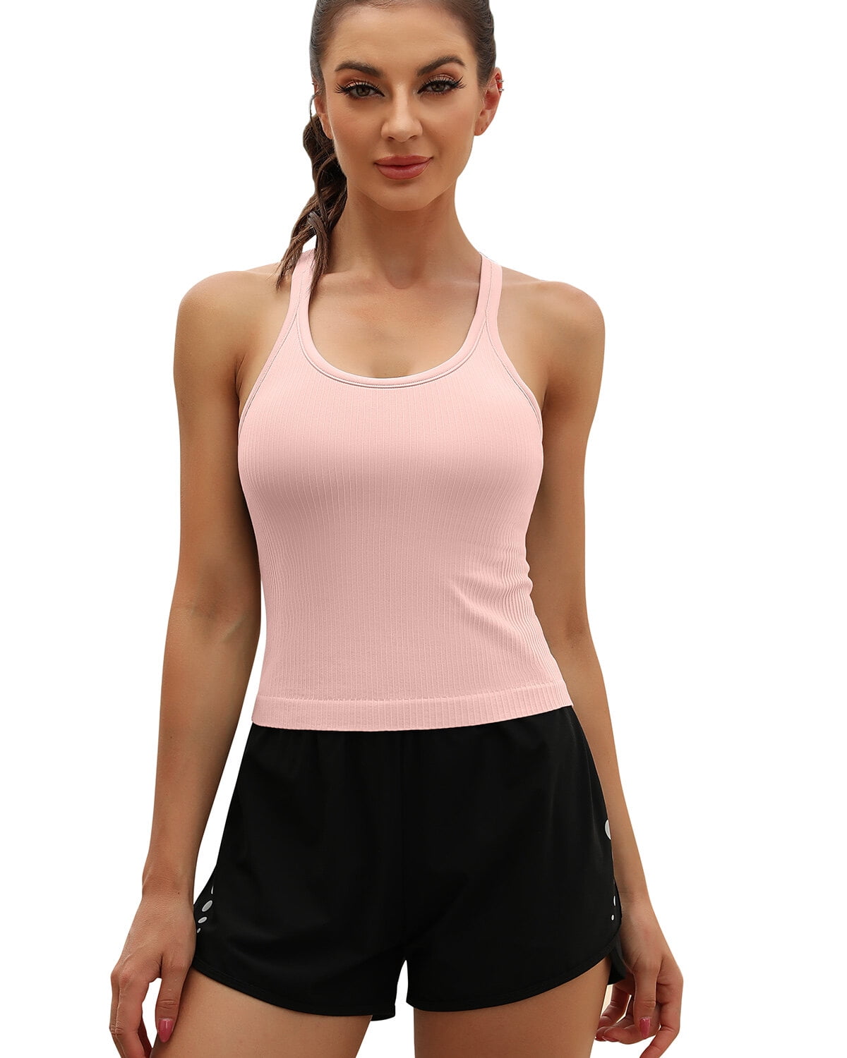 Attraco Womens Sports Tops Solid Ribbed Workout Crop Top with Built-in ...