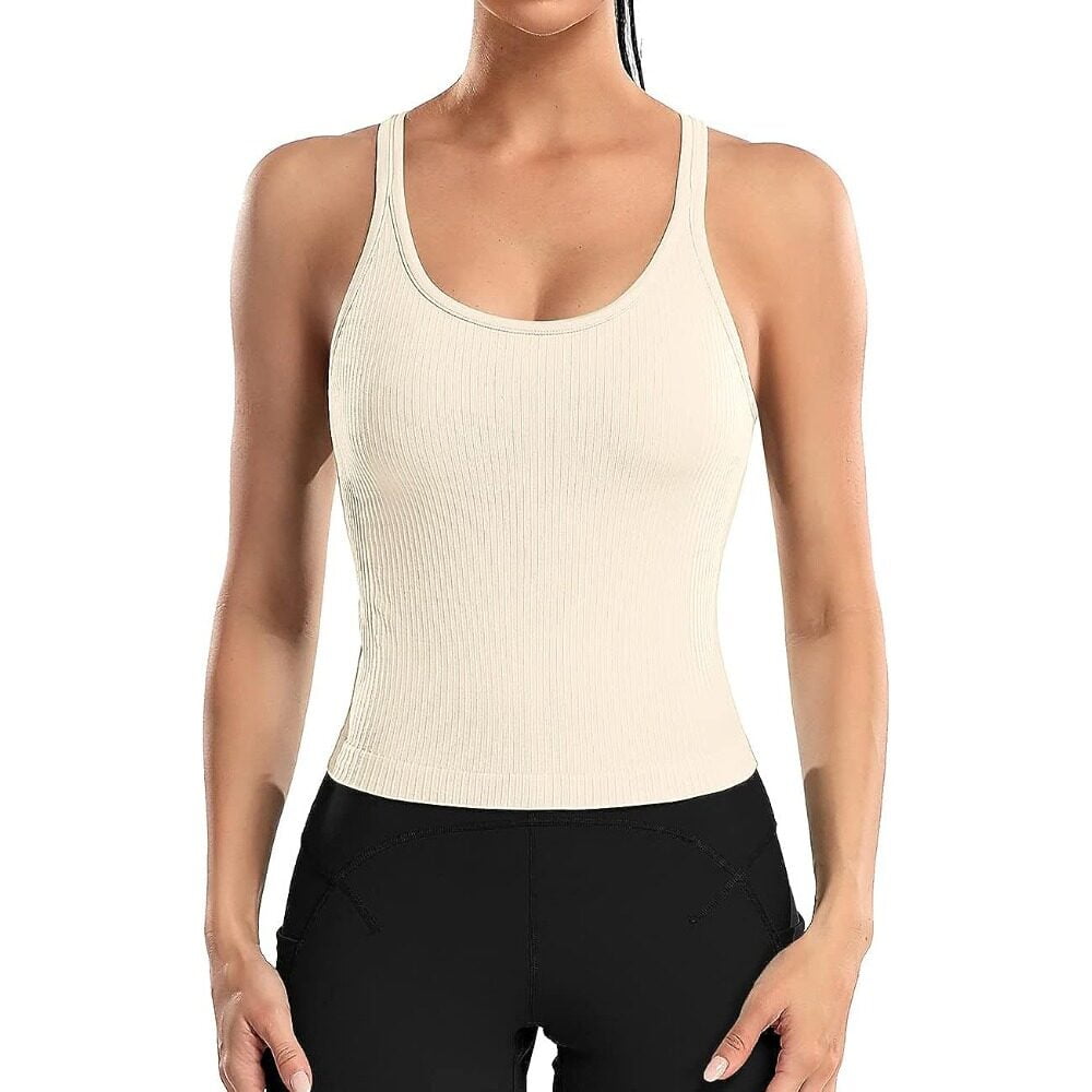 Attraco Womens Sports Tops Solid Ribbed Workout Crop Top with Built-in ...