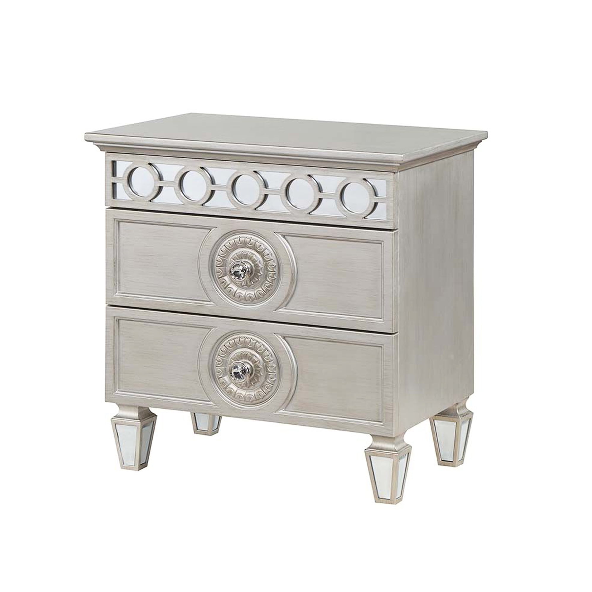 Attractive 2 Drawers Nightstand With Silver & Mirror Inlay Trim Bedroom ...