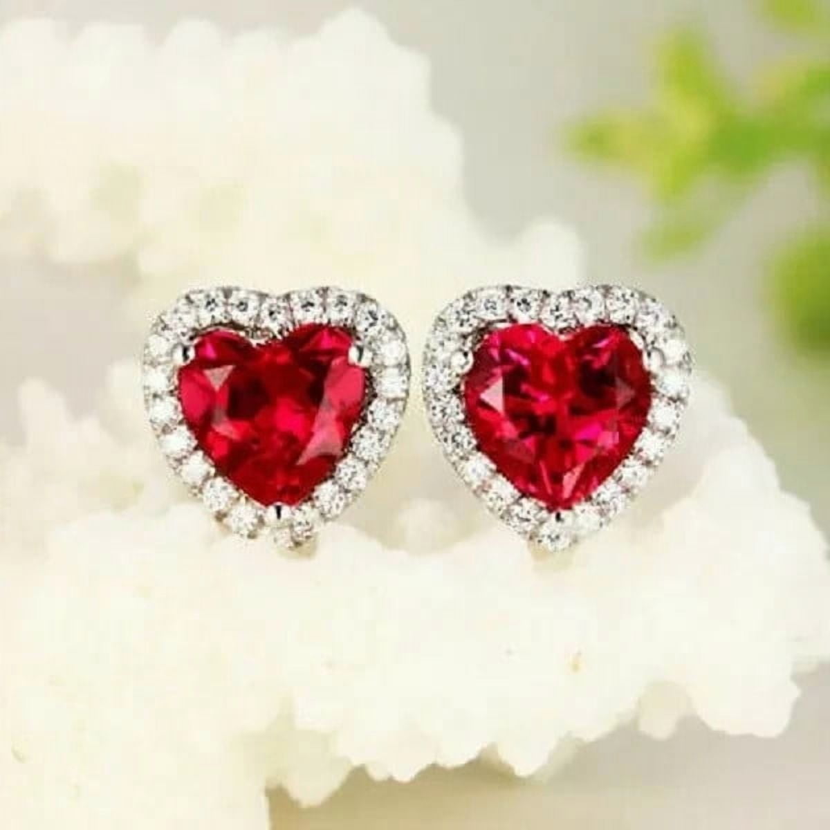 Attractive 3Ct Heart Shape Red Ruby & Diamond Halo Best Stud Earring 14k White Gold Over ...