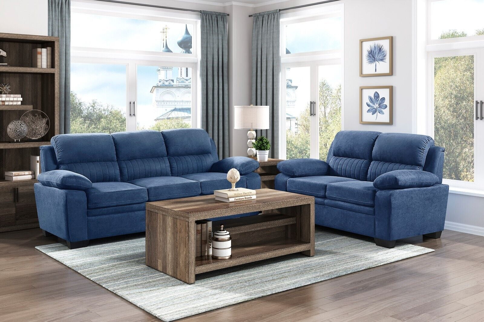 Attractive Blue Fabric Upholstered Sofa Set 2pc Sofa Loveseat Plush ...