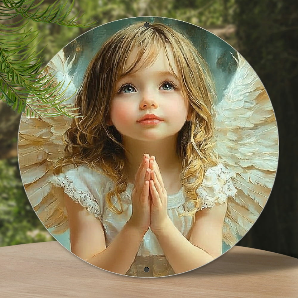 Attractive Little Blonde Angel Wall Sign - 8 x 8 inch round metal trim ...