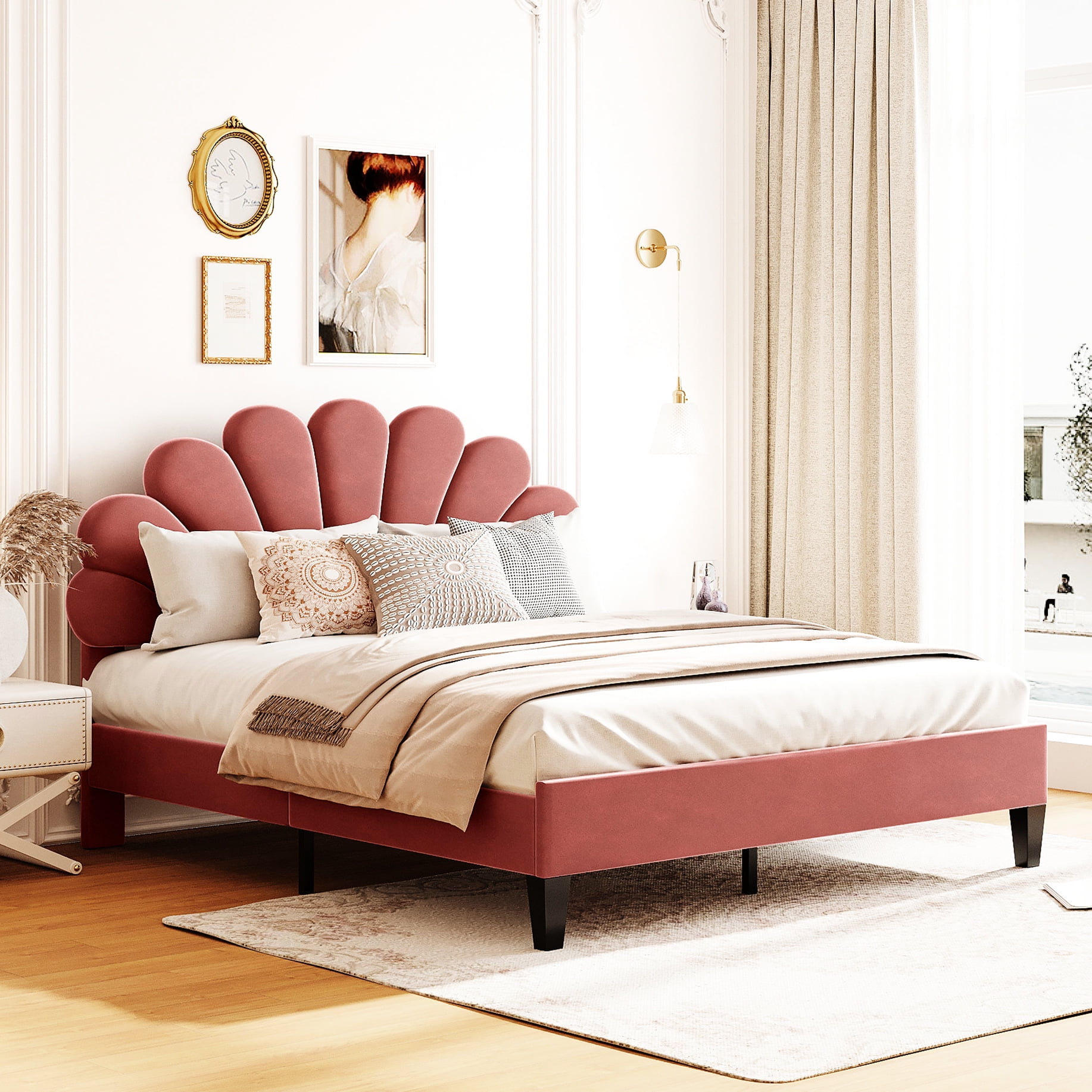 Attractive Queen Size Upholstered Bed With Velvet Flower Pattern ...
