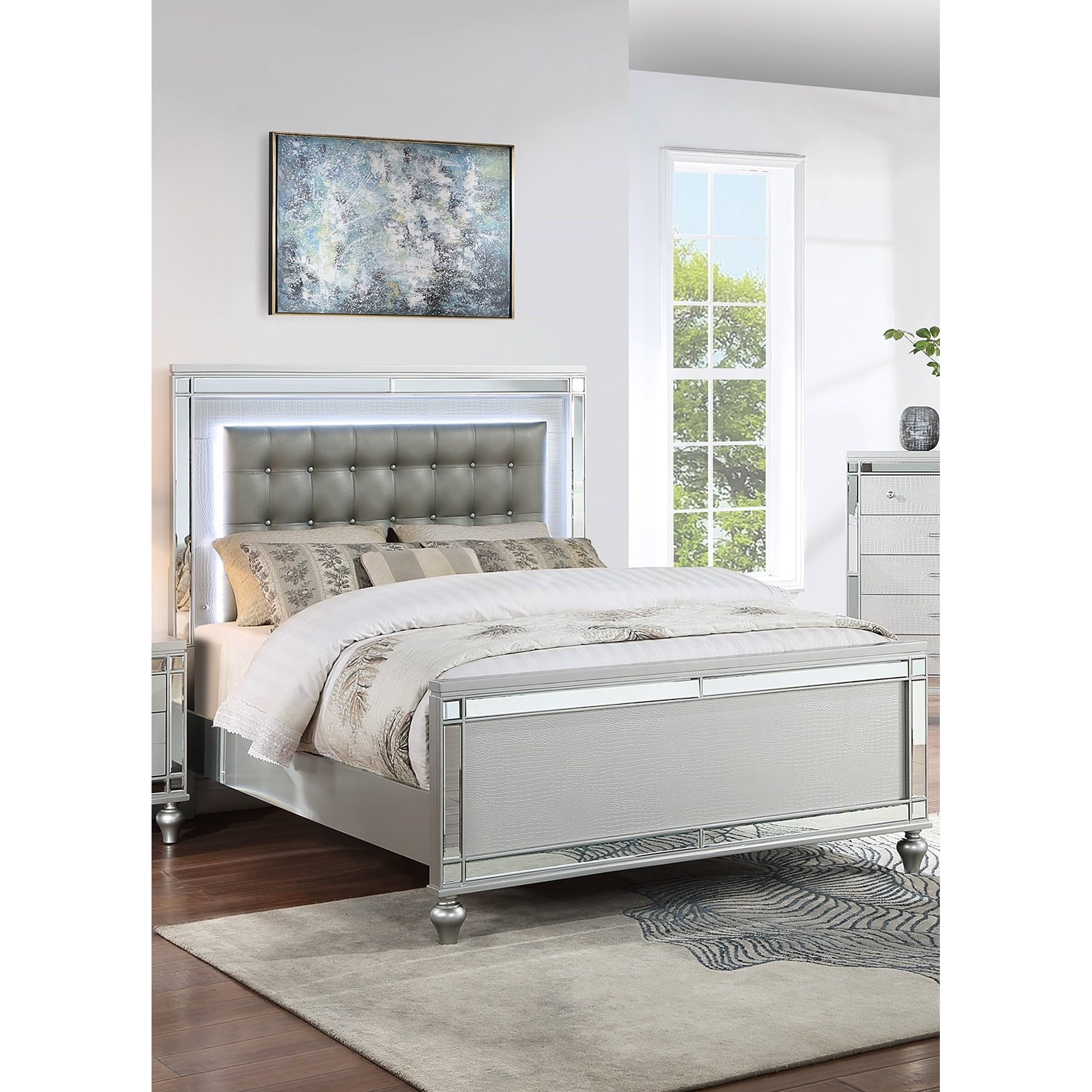 Attractive Silver Queen Bed With Faux Leather And Integrated Led Lights ...