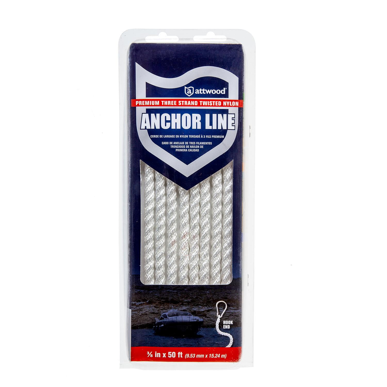 Attwood 11707-7 Anchor Line Wht Twis Nylon w/Hook 3/8"x50' - Walmart.com