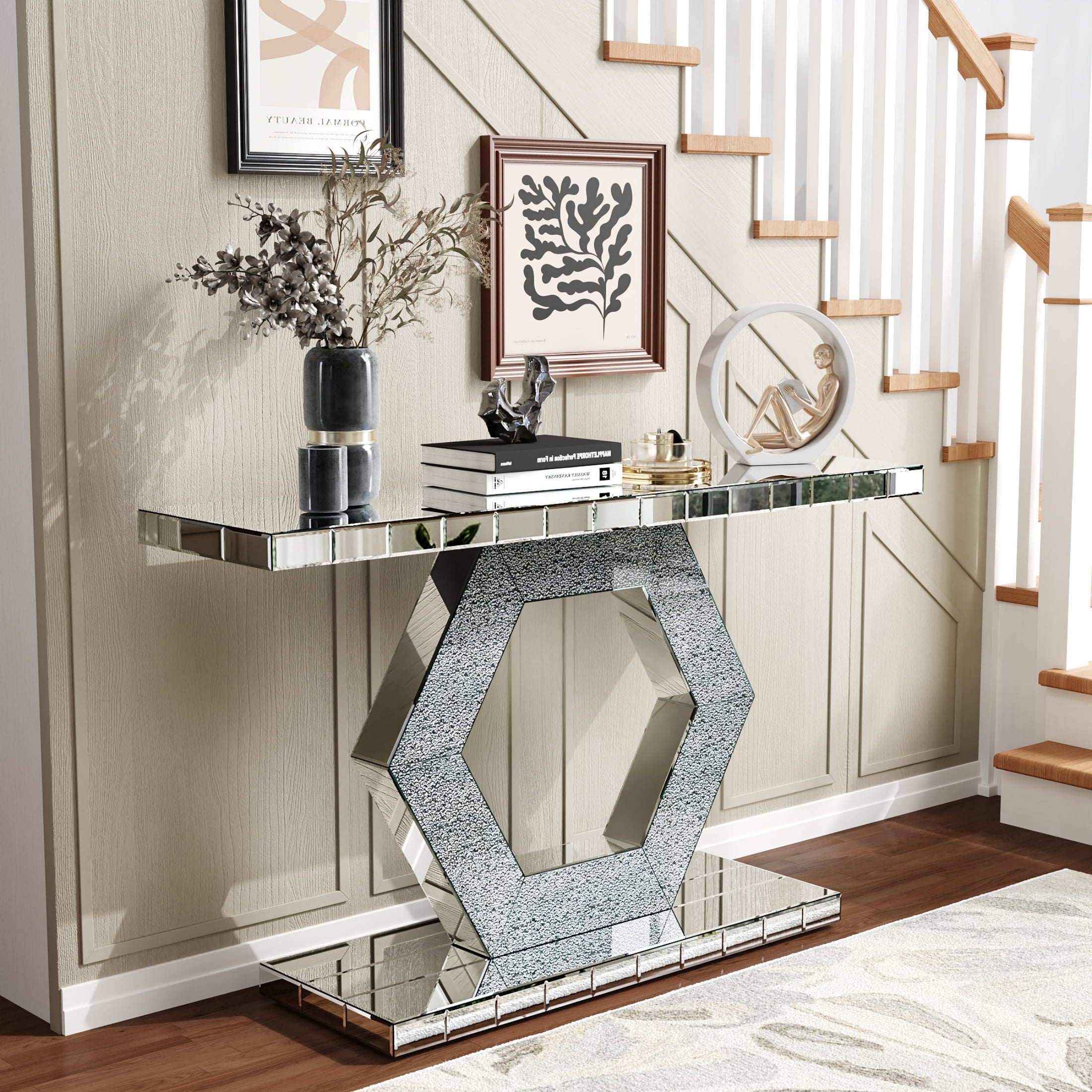Atumcto 55" Mirrored Console Table with Hexagon Pedestal & Crushed Crystal Inlay, Tempered ...