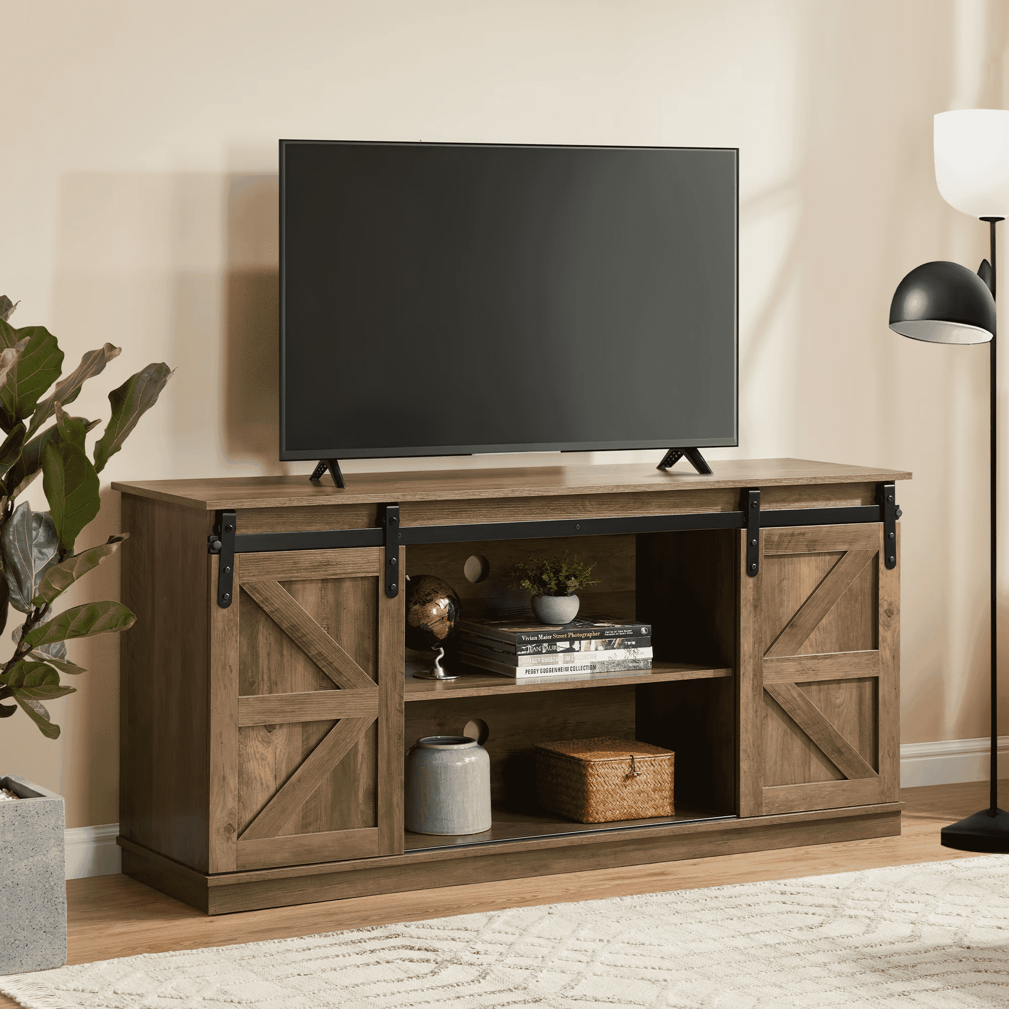 "Atumcto 58"" Farmhouse TV Stand for 65"" TVs with Sliding Barn Doors ...