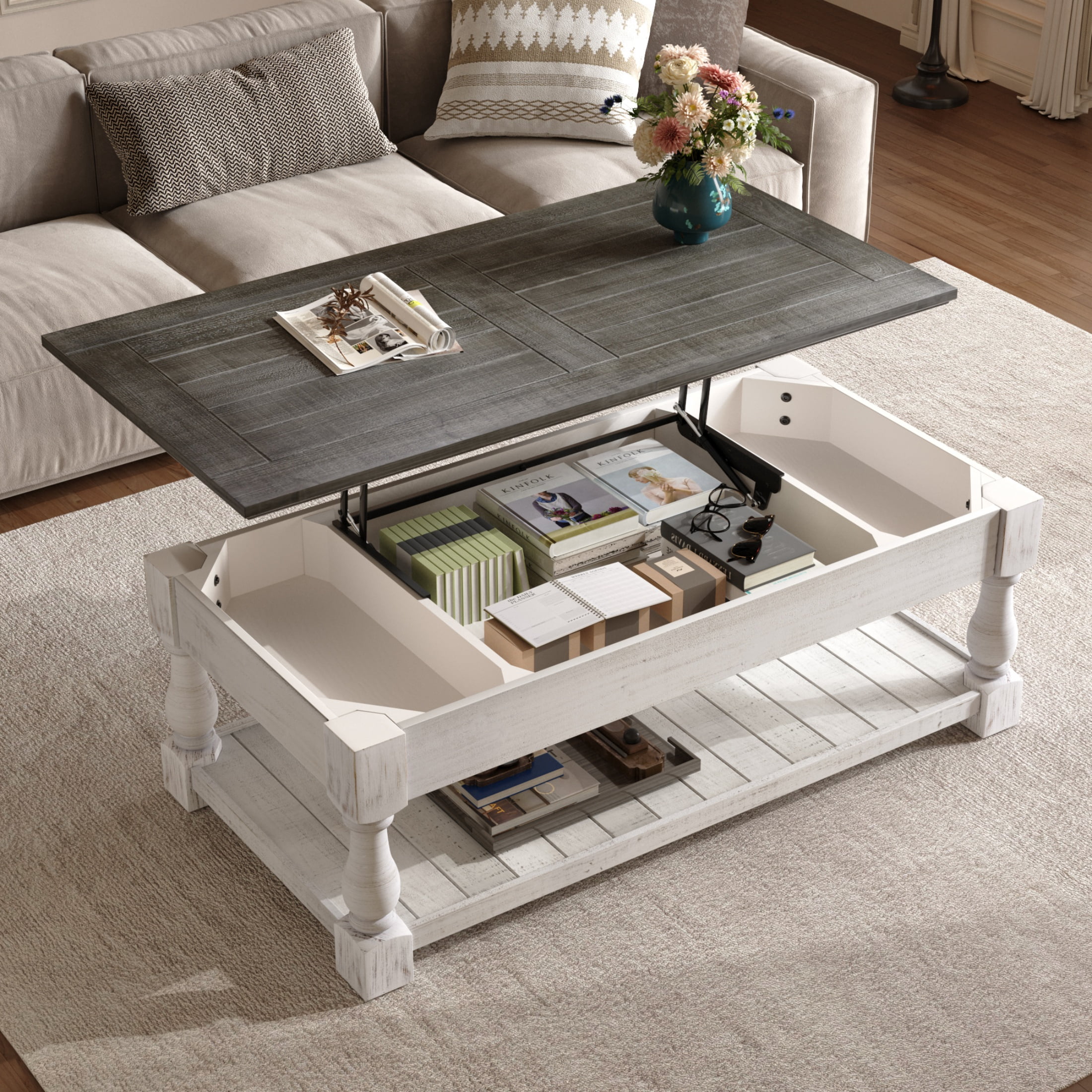 Atumcto Farmhouse Lift Top Coffee Table with Storage, 2-Tier Wood ...