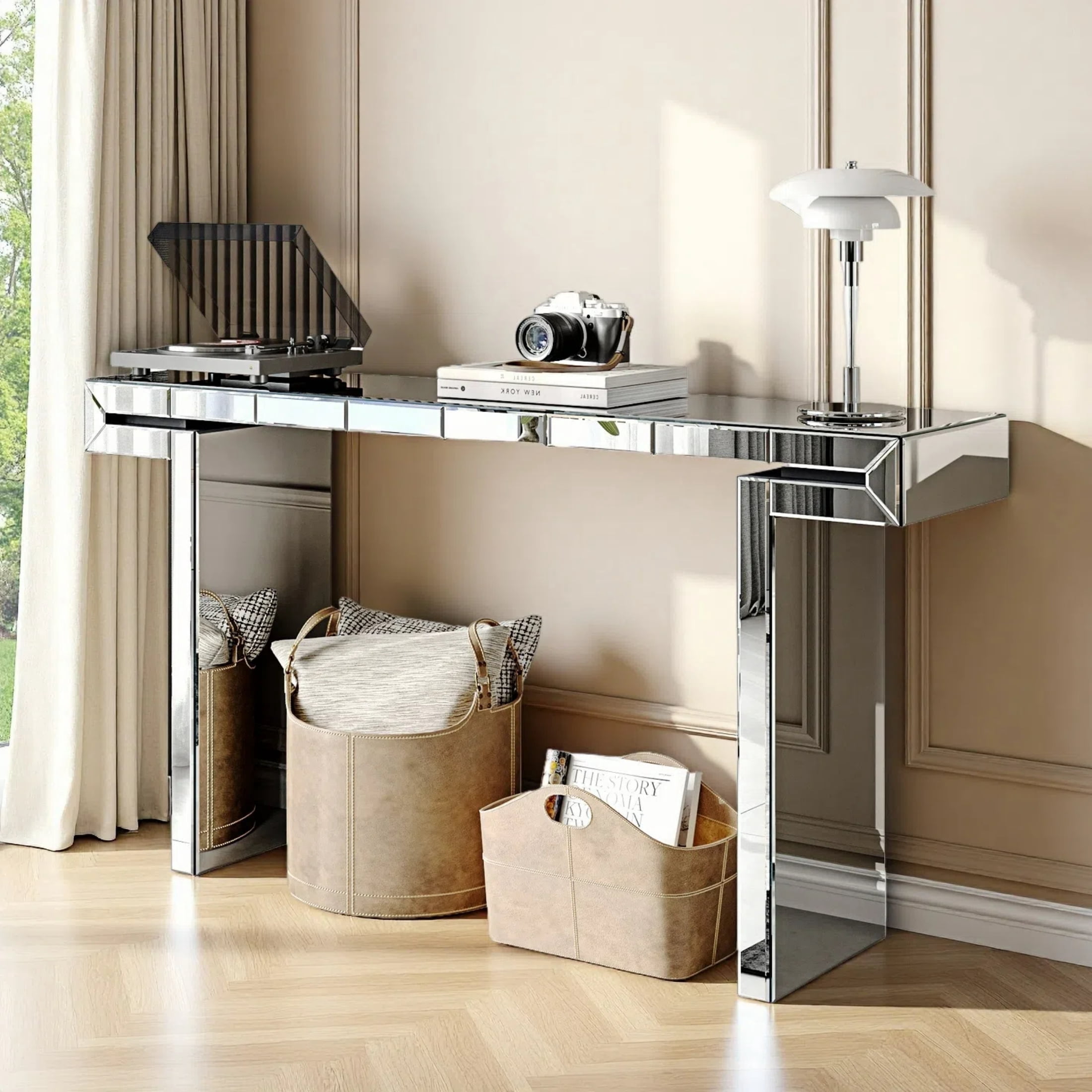 Atumcto Mirrored Console Table 60", Fluted Tempered Glass, Narrow ...