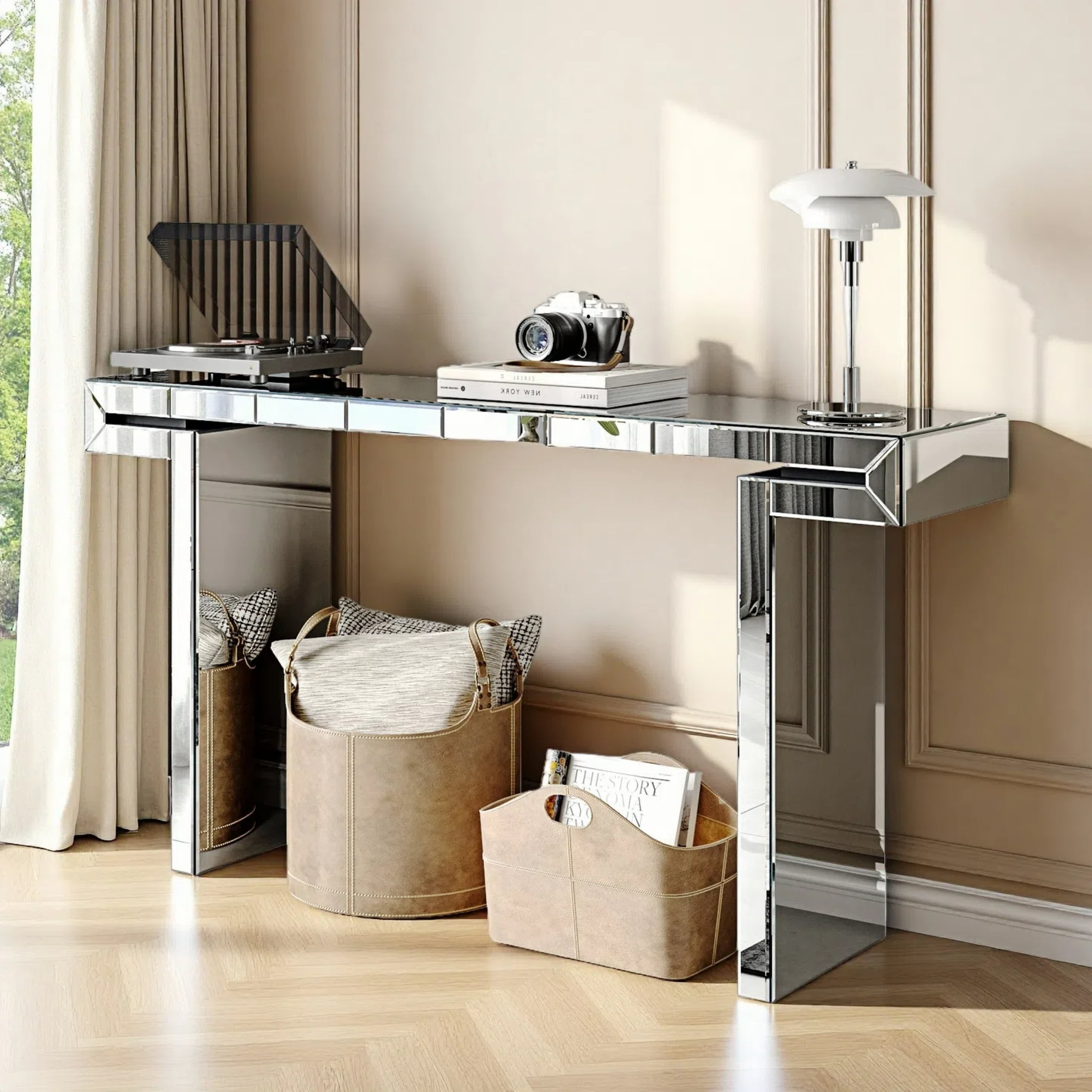 Atumcto Mirrored Console Table 60", Fluted Tempered Glass, Narrow ...