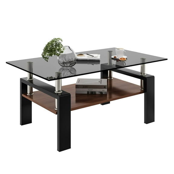 GZXS 47.5" Black Tempered Glass Coffee Table, 2-Tier Storage Center ...