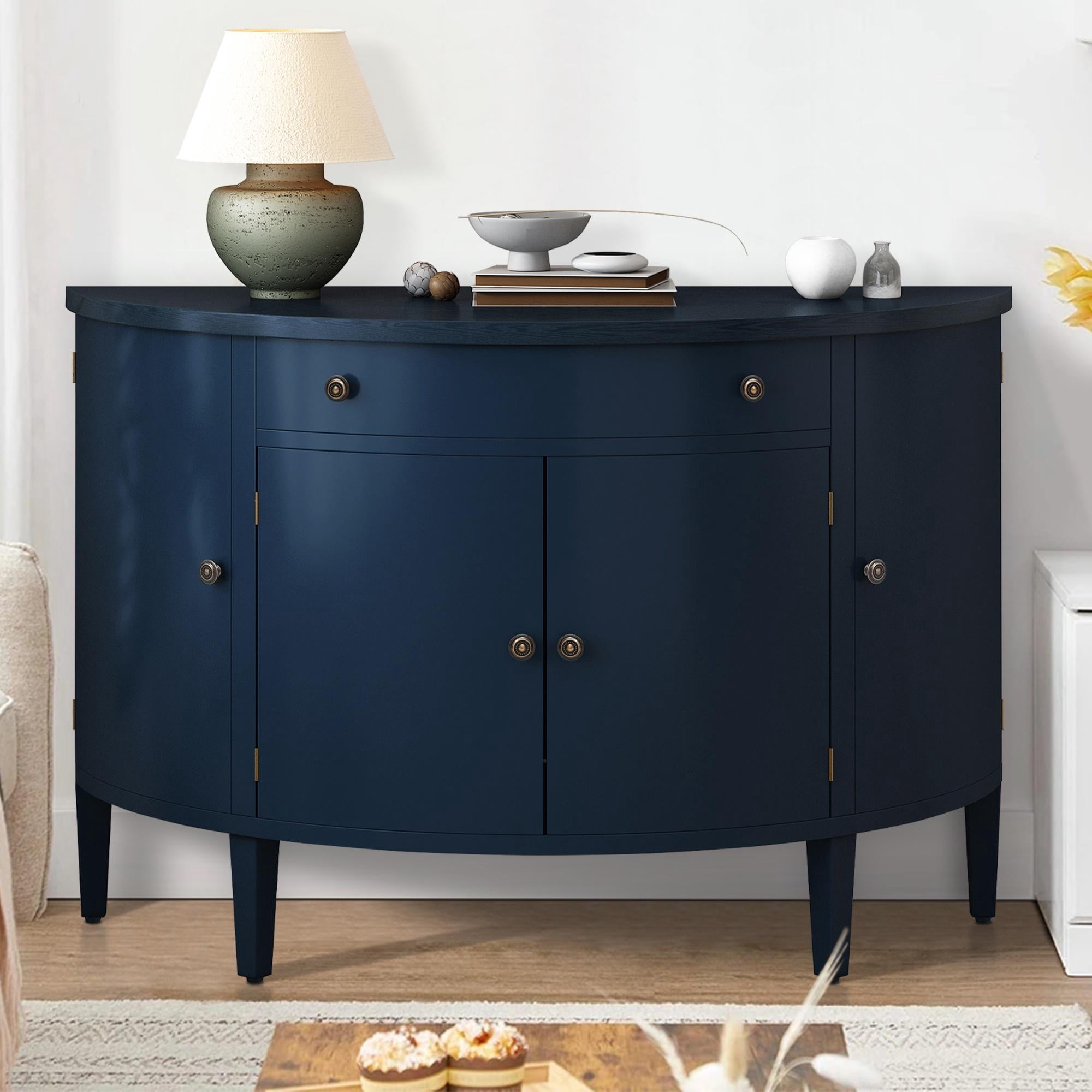 Atumon Blue Accent Storage Cabinet, Modern Curved Sideboard, 4 Doors ...