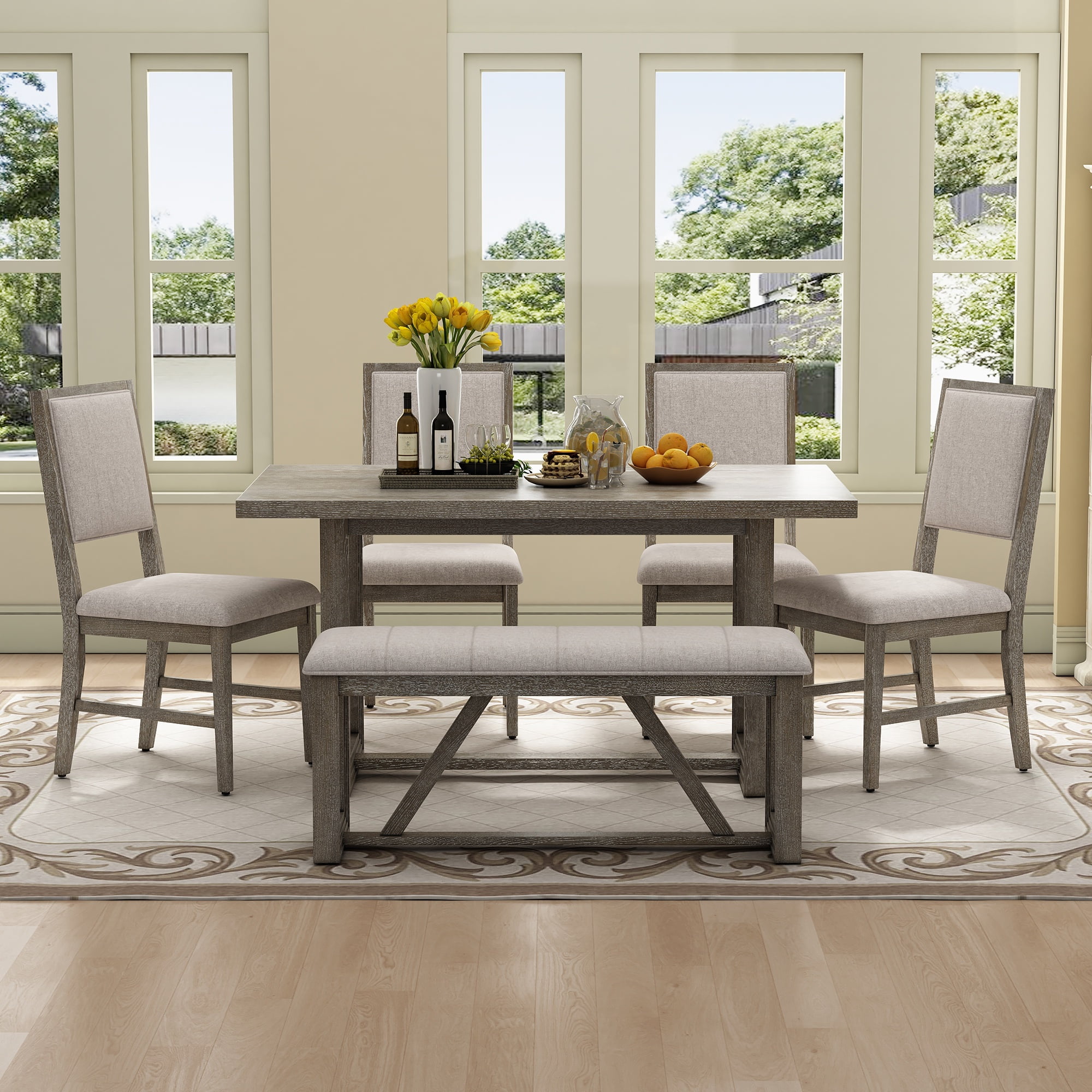 Atumon 6-Piece Dining Set, Farmhouse w/ Bench & Cushioned Chairs, Dark ...
