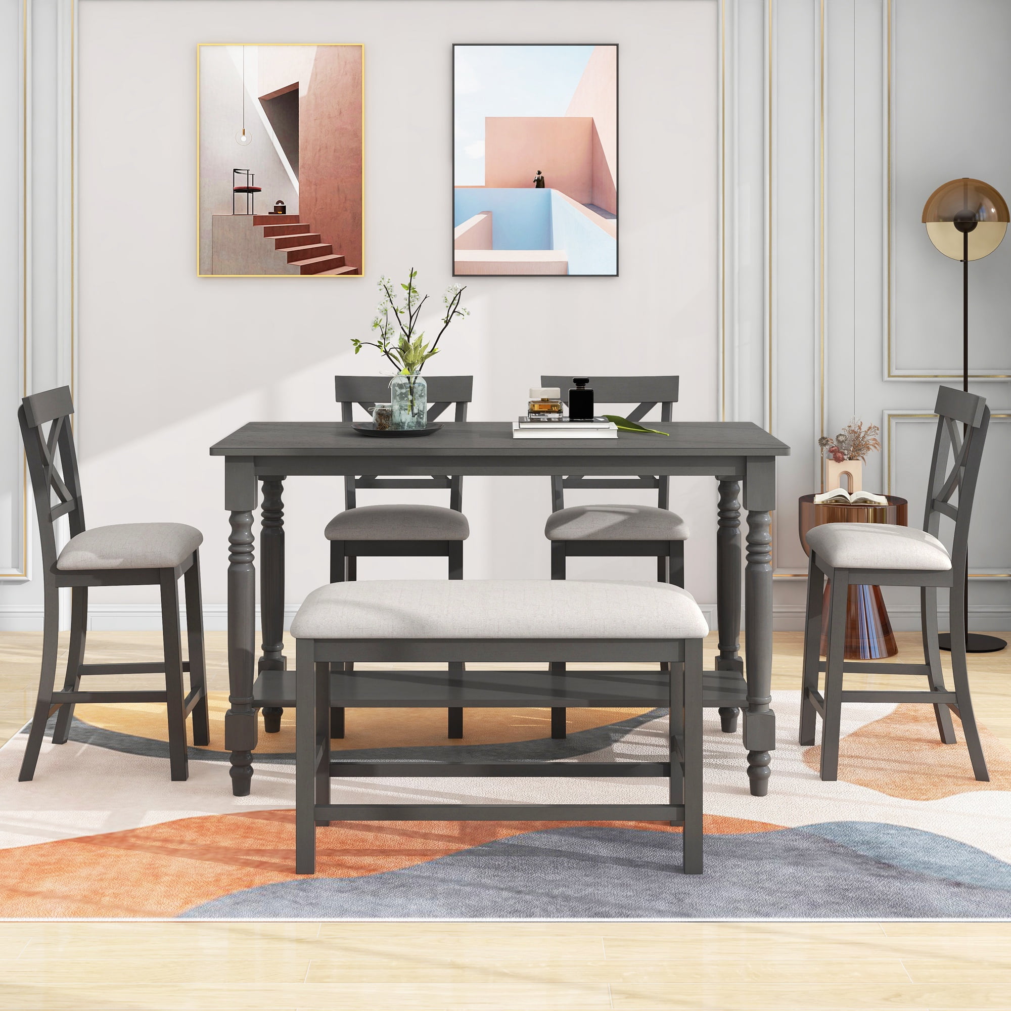 Atumon Dining Table Set for 6, Dining Room Set with Bench and 4 ...