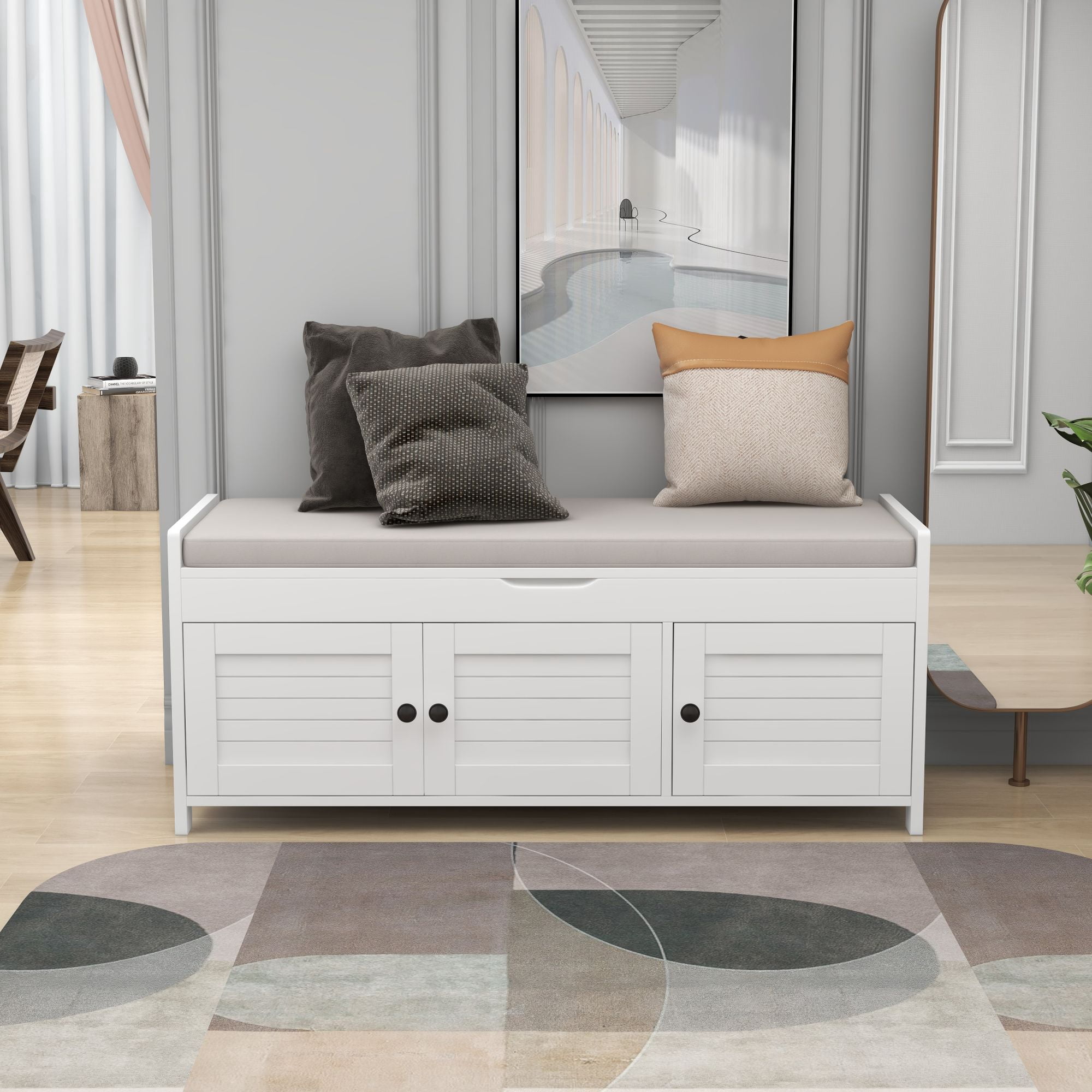 Atumon Entryway Bench, Storage Bench with 3 Shutter-Shaped Doors ...