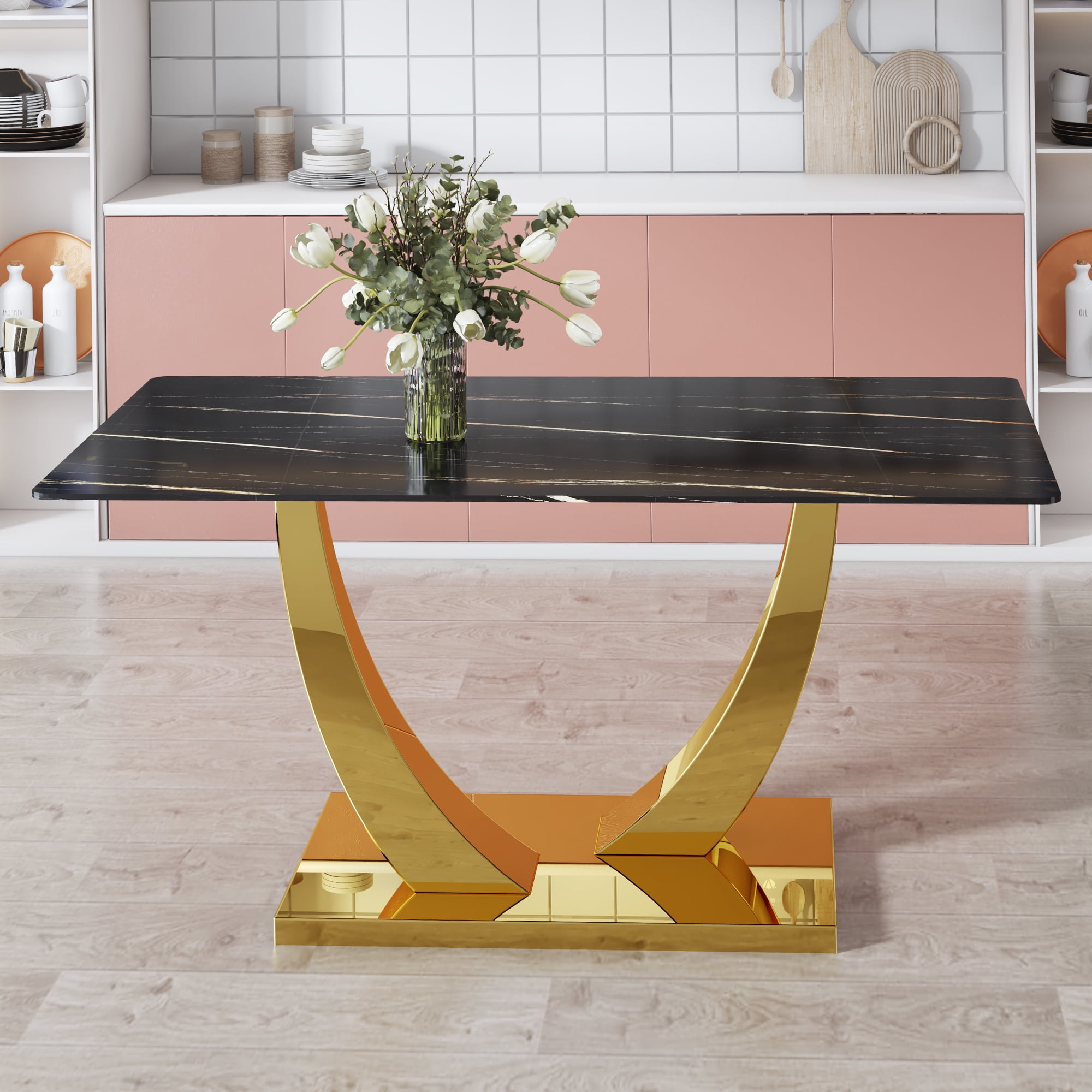 Atumon Glass Dining Table, Rectangle Glass Table with Gold Metal Legs ...