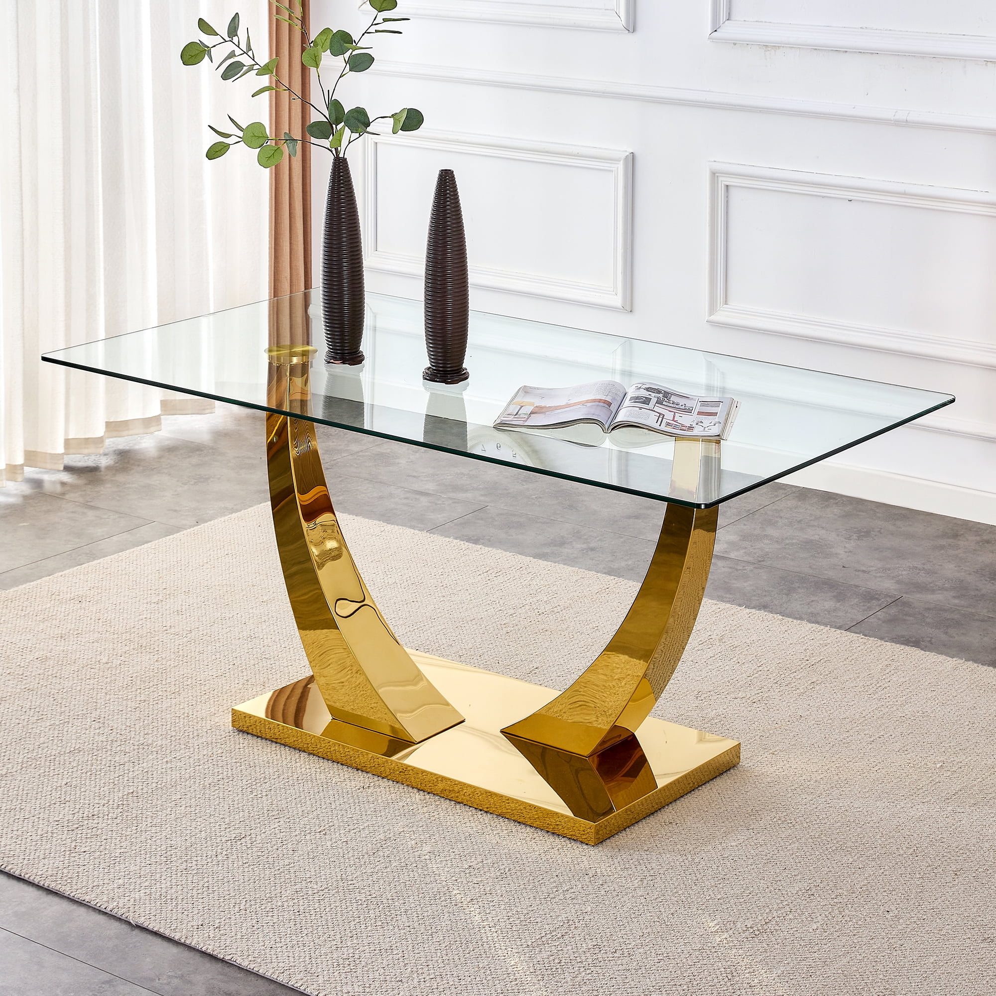 "Atumon Modern Glass Dining Table, Rectangle with Plating Metal Legs ...