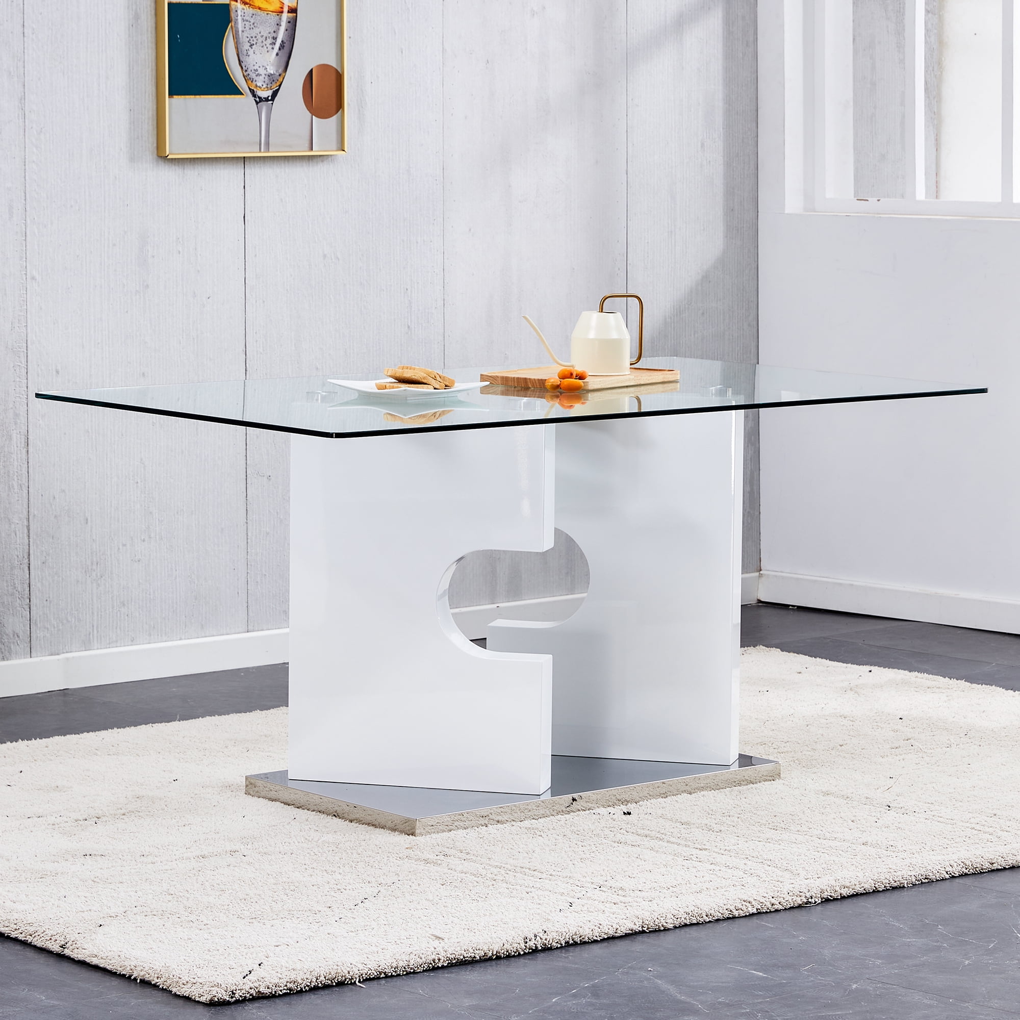 Atumon Glass Dining Table, Rectangle Glass Table with Irregular MDF ...