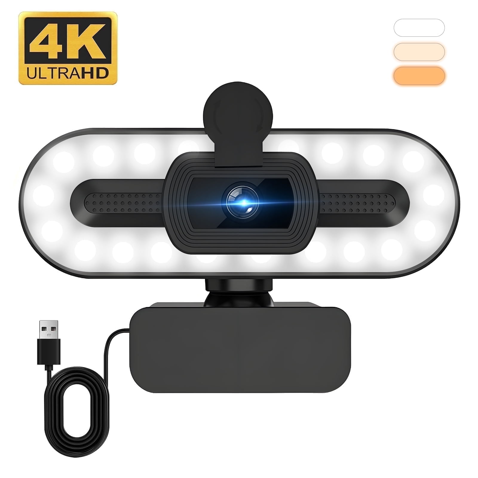 Atzeste Webcam with Ring Light 4K HD USB Autofocus PC Webcam with Dual ...