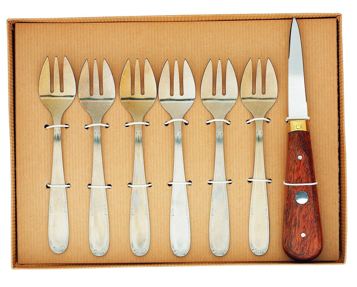 Au Nain Oyster Forks and Knife Set Stainless Steel & Wood Brass Bolster ...