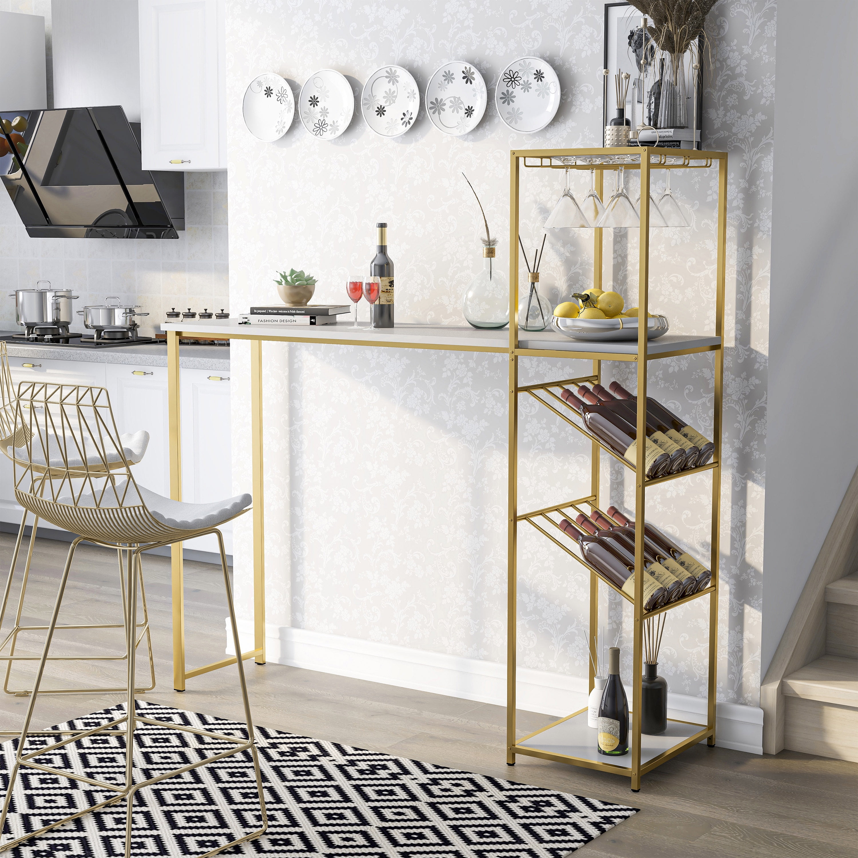 Aubrey Steel and Faux Marble Bar Table with Wine Racks, Bottle Racks ...