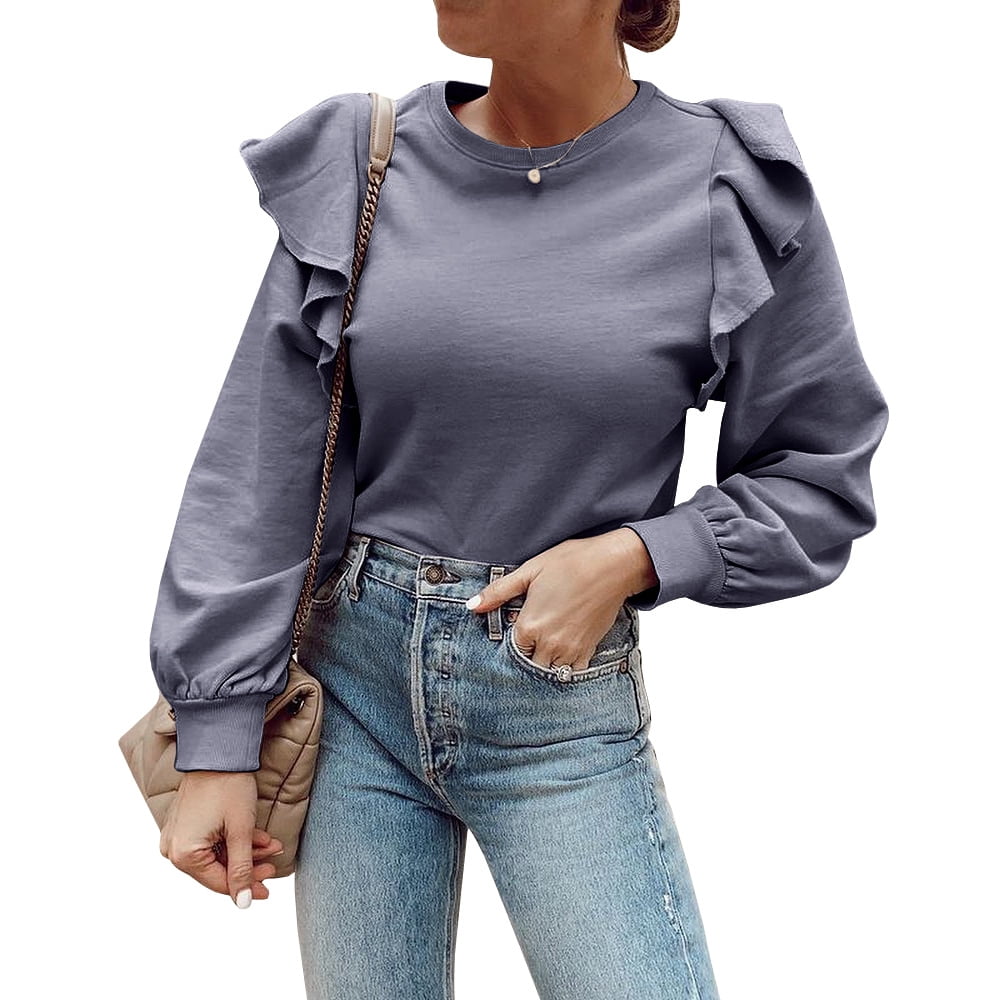 Auburet Women's Casual Ruffle Shoulder Hoodies Long Sleeve Lightweight ...