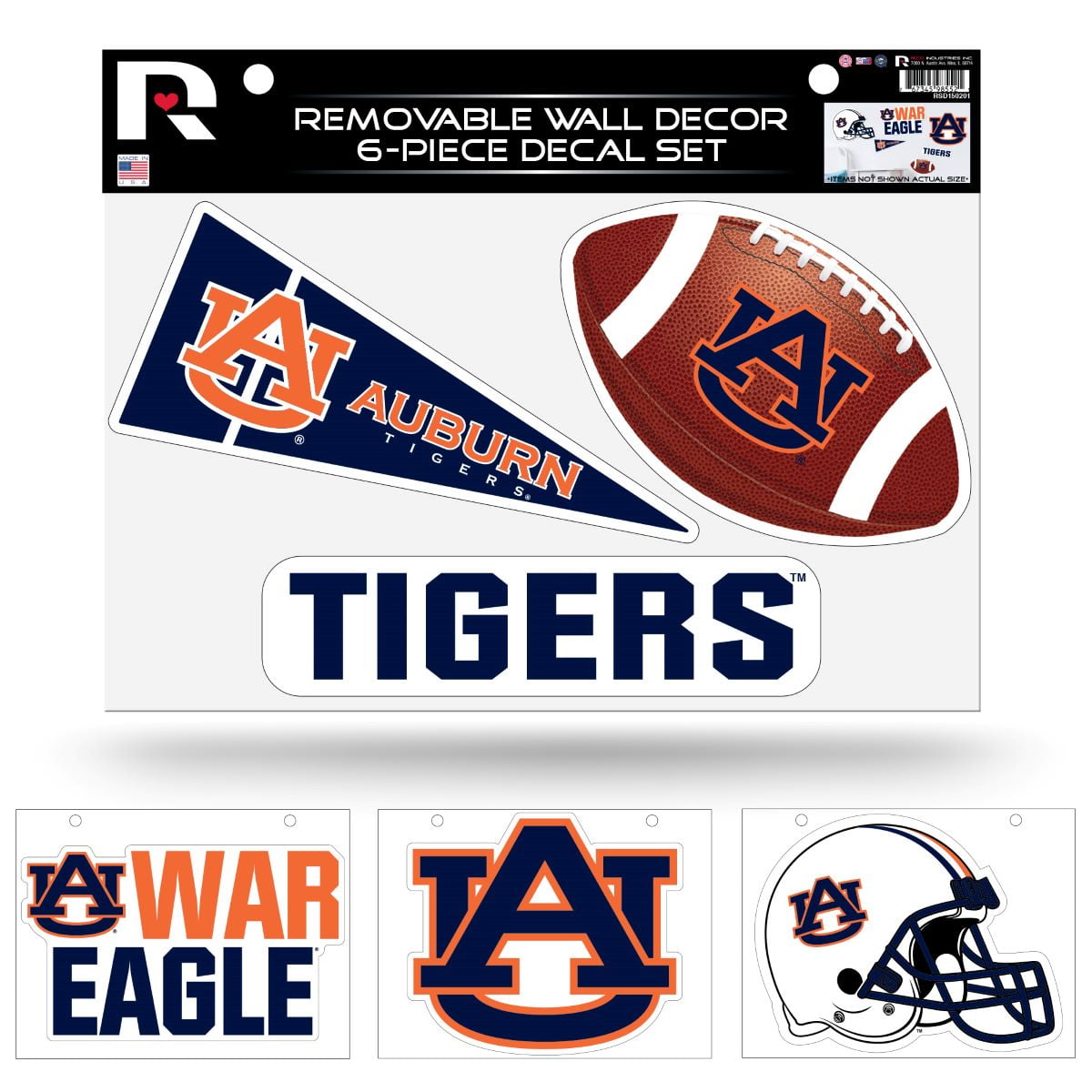 Auburn Football Tigers (Set of 6) Individual Easy Peel Die-Cut Decal ...