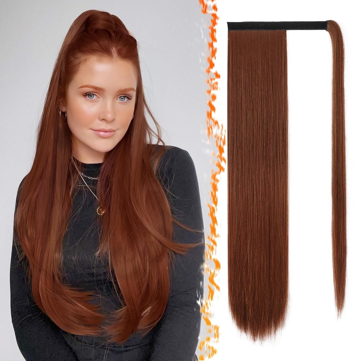 Auburn Straight Ponytail Extensions - 26 Inch Long Straight Wrap Around ...