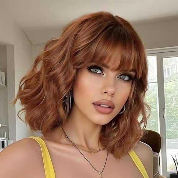 Auburn Wigs for Women Bob Wig with Bangs Short Curly Synthetic Length ...
