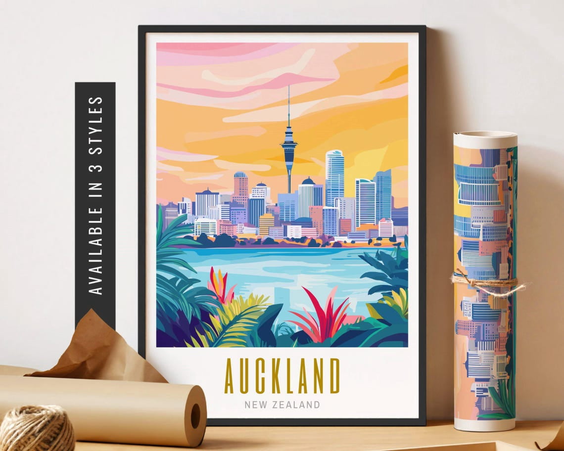 Auckland New Zealand Travel Poster Retro Destination Art Poster North ...
