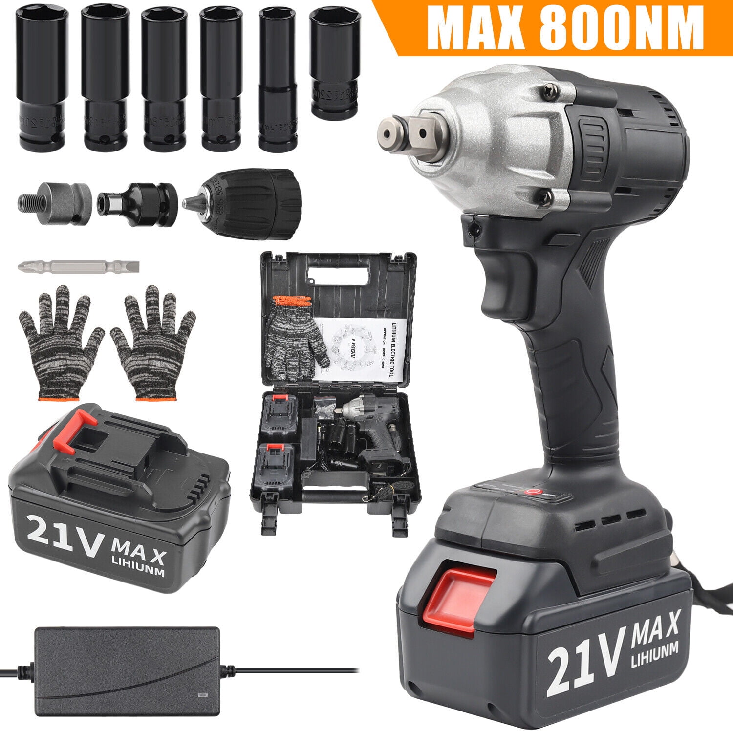 Audessy 800Nm 1/2'' Electric Impact Wrench Cordless Brushless Gun 2 ...