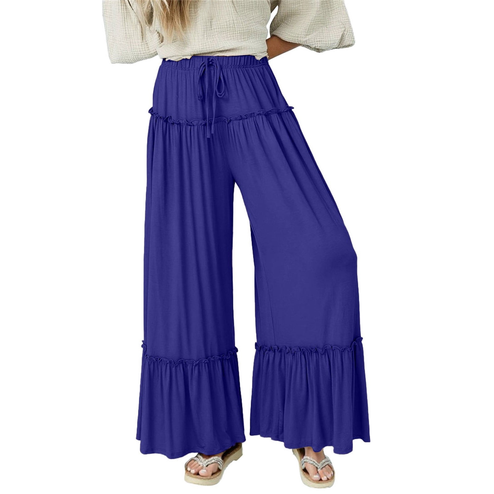 Audhol Flowy Pants for Women, Women's Elastic High Waist Wide Leg Beach ...