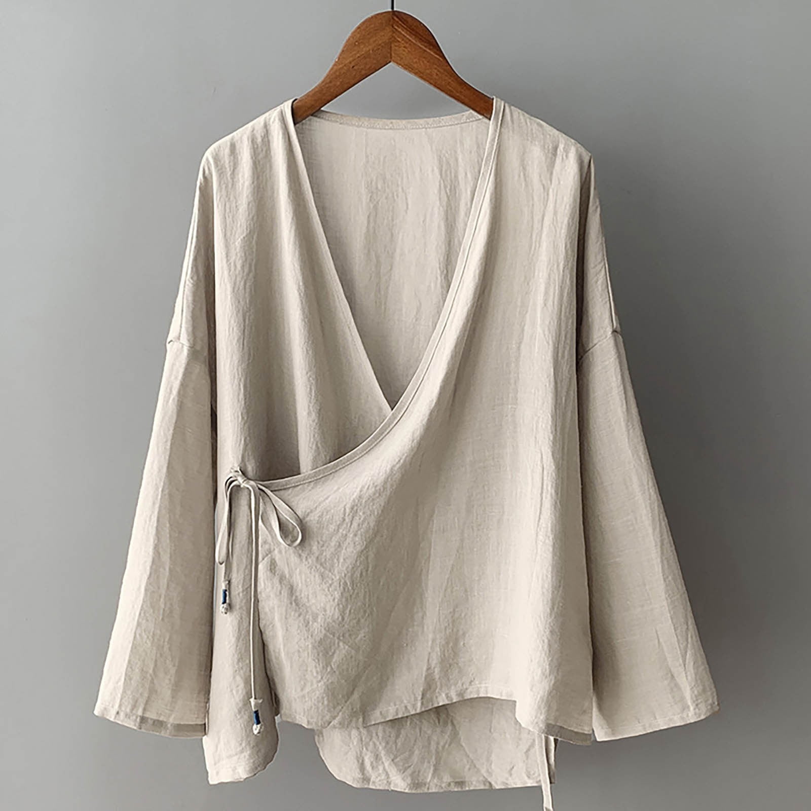 Audhol Women's Cotton Linen Hanten Cardigan Long Sleeve Wrap Front ...