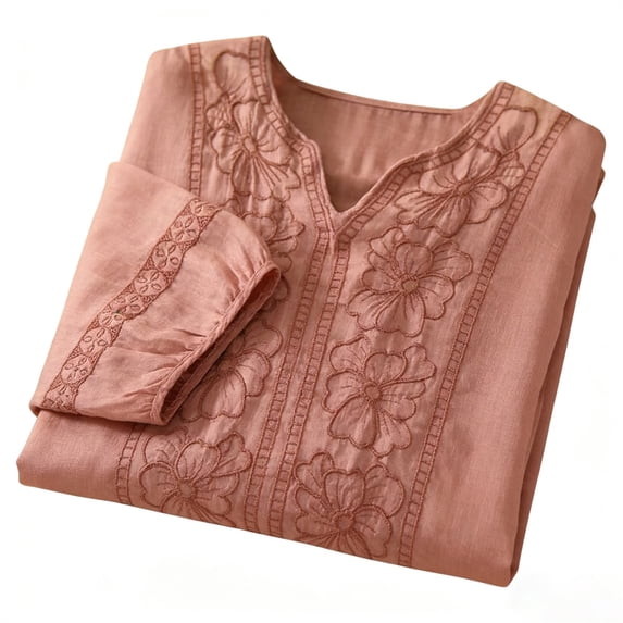 Audhol Women's Embroidered Cotton Linen Top Ethnic V Neck Three Quarter ...