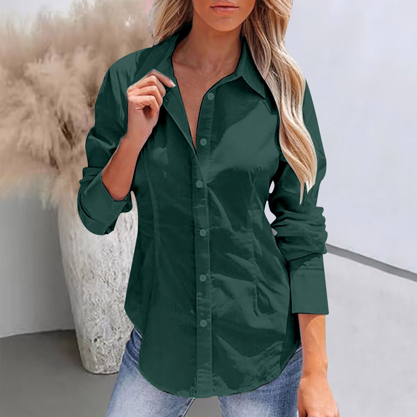 Audhol Women's Fall Long Sleeve Cotton Linen Button down Blouse Ruched ...